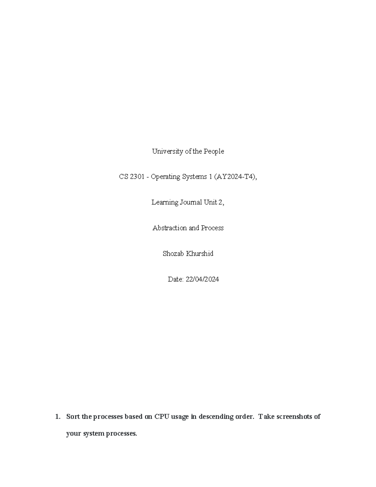 Cs1203 o s WA UNIT 2 - written assignment - University of the People CS 2301 - Operating Systems ...
