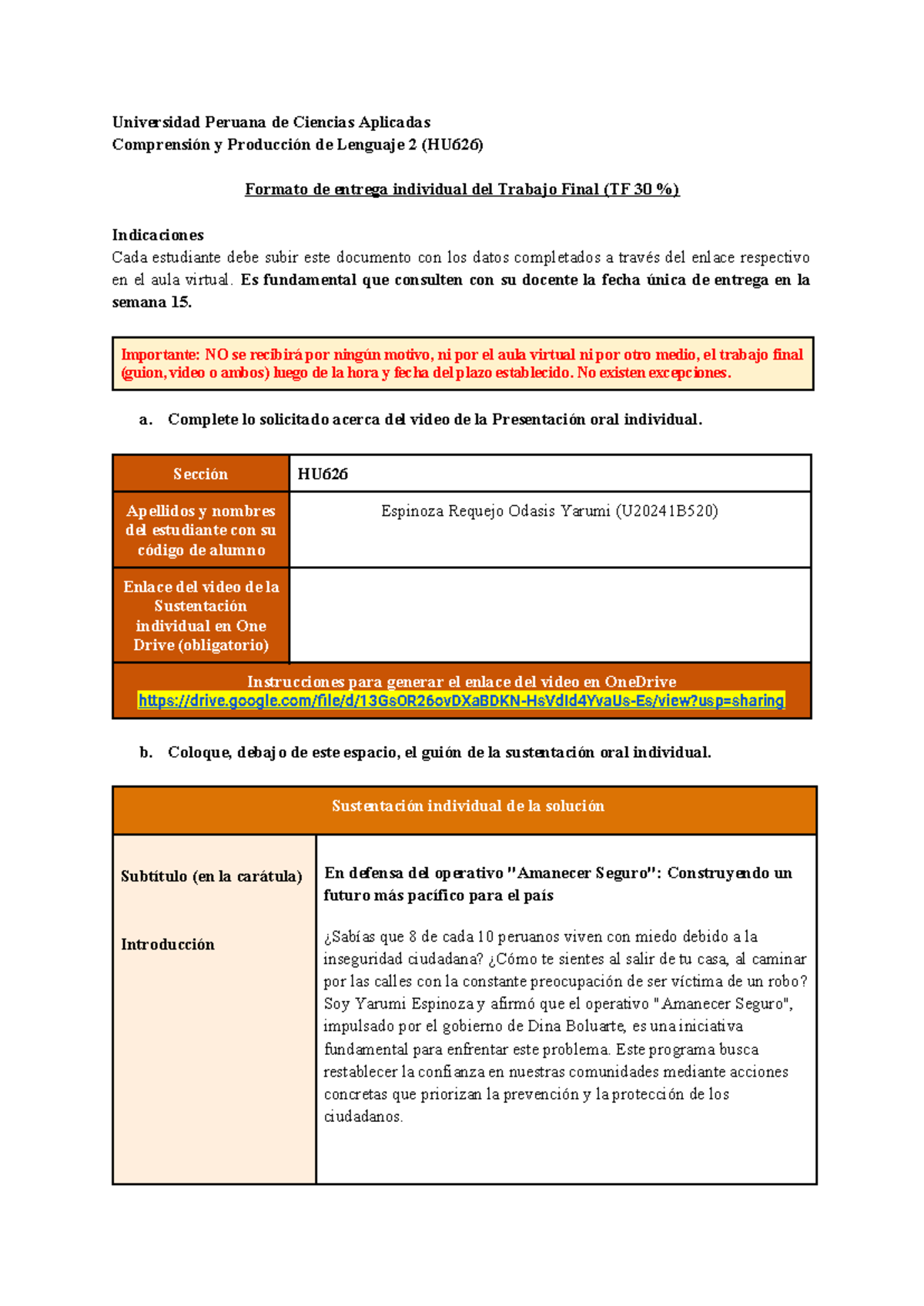Guión-TF - GUION FINAL DE CPL II - Universidad Peruana de Ciencias Aplicadas Comprensión y - Studocu