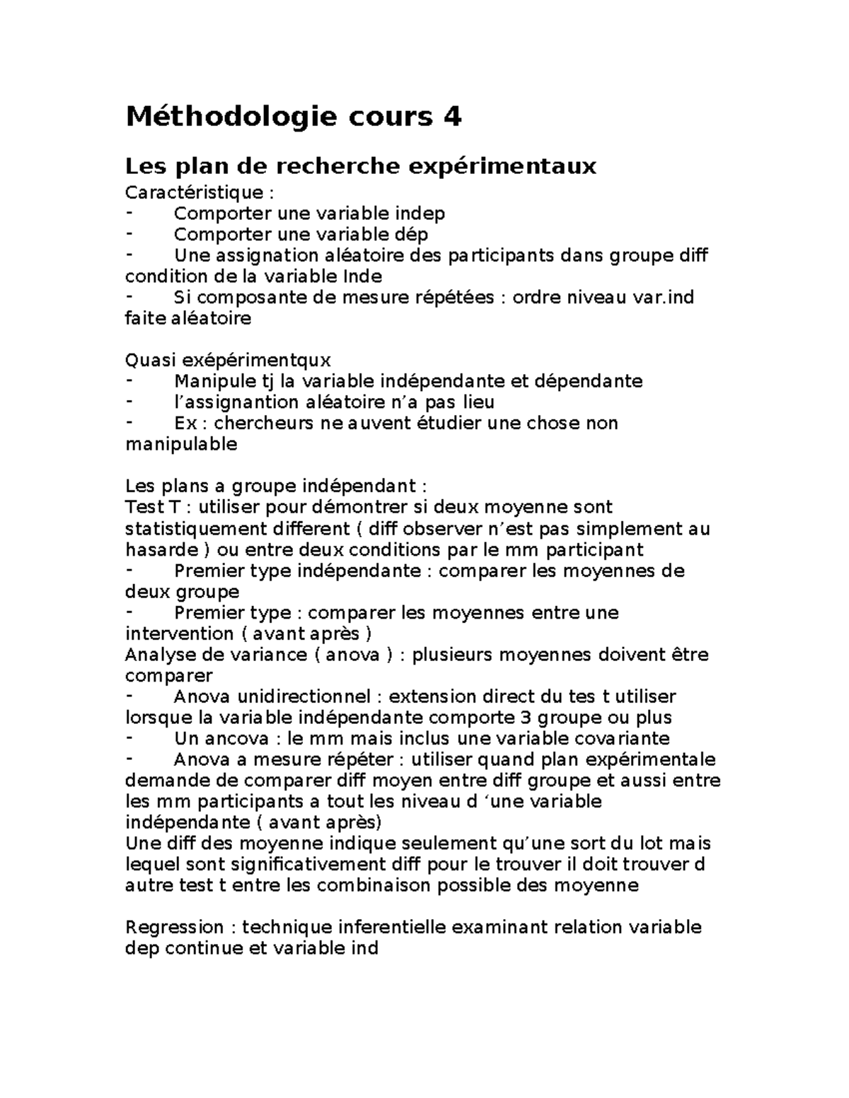 Méthodologie cours 4 - note - Méthodologie cours 4 Les plan de recherche expérimentaux - Studocu