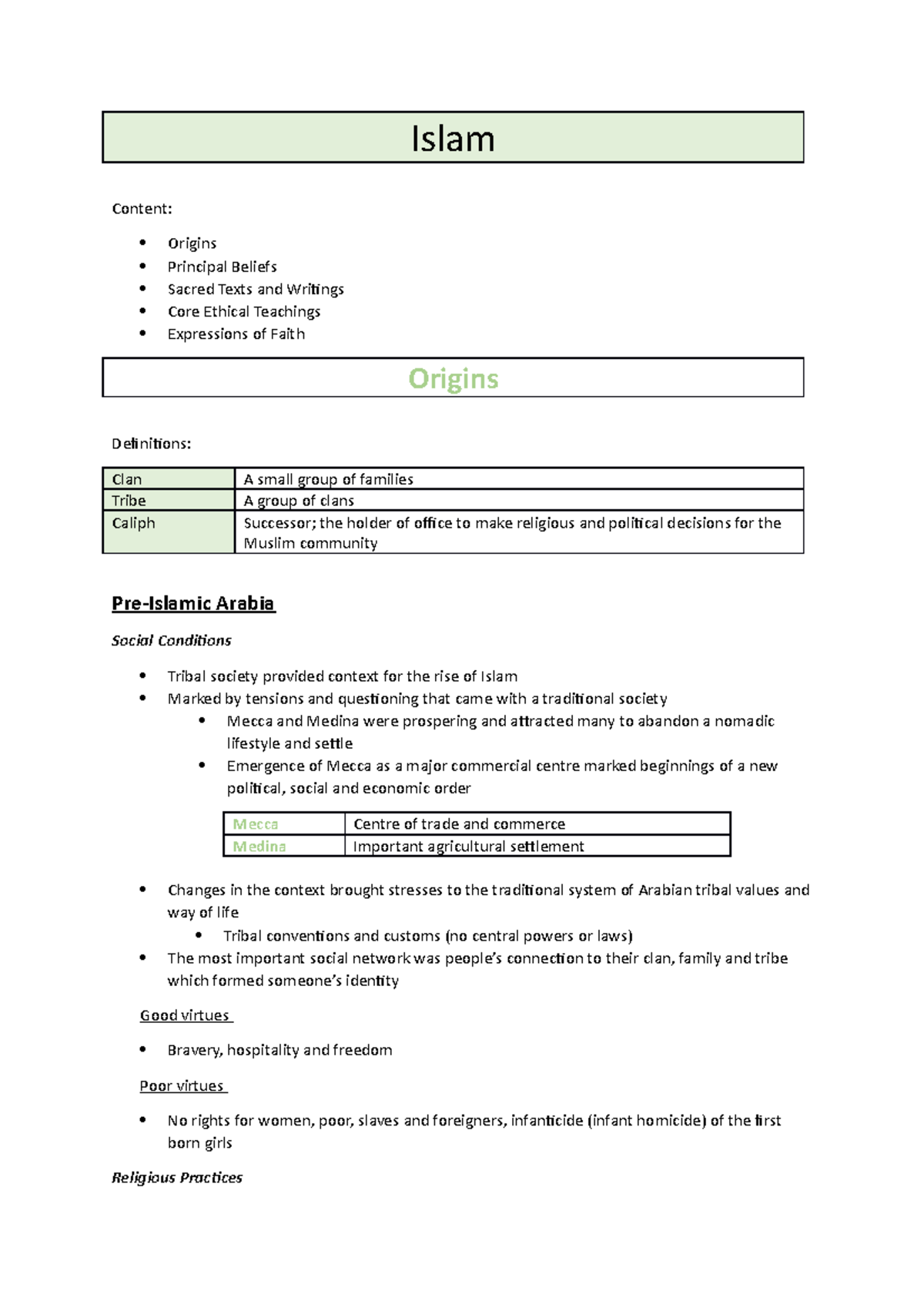 Islam notes () - dhsjh - Islam Content: Origins Principal Beliefs ...