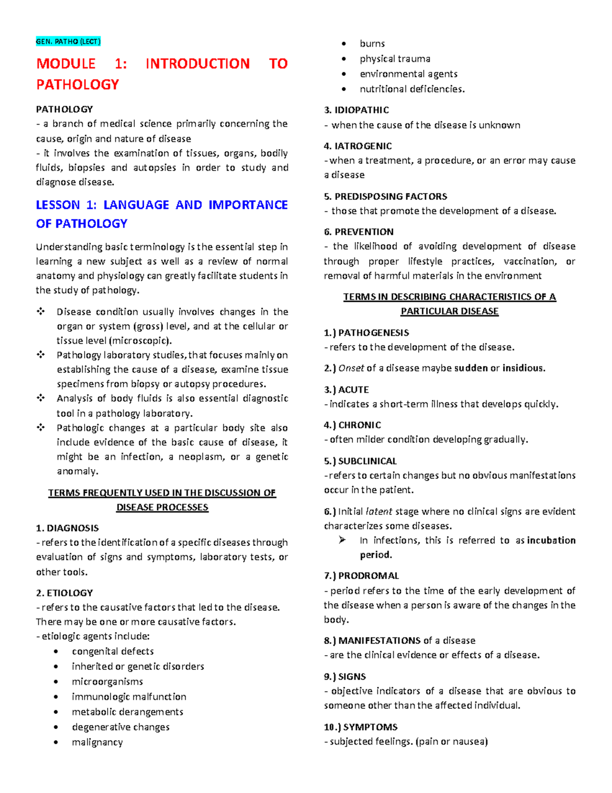 Module 1 to Module 4 Gen - PATHOLOGY - GEN. PATHO (LECT) MODULE 1 ...