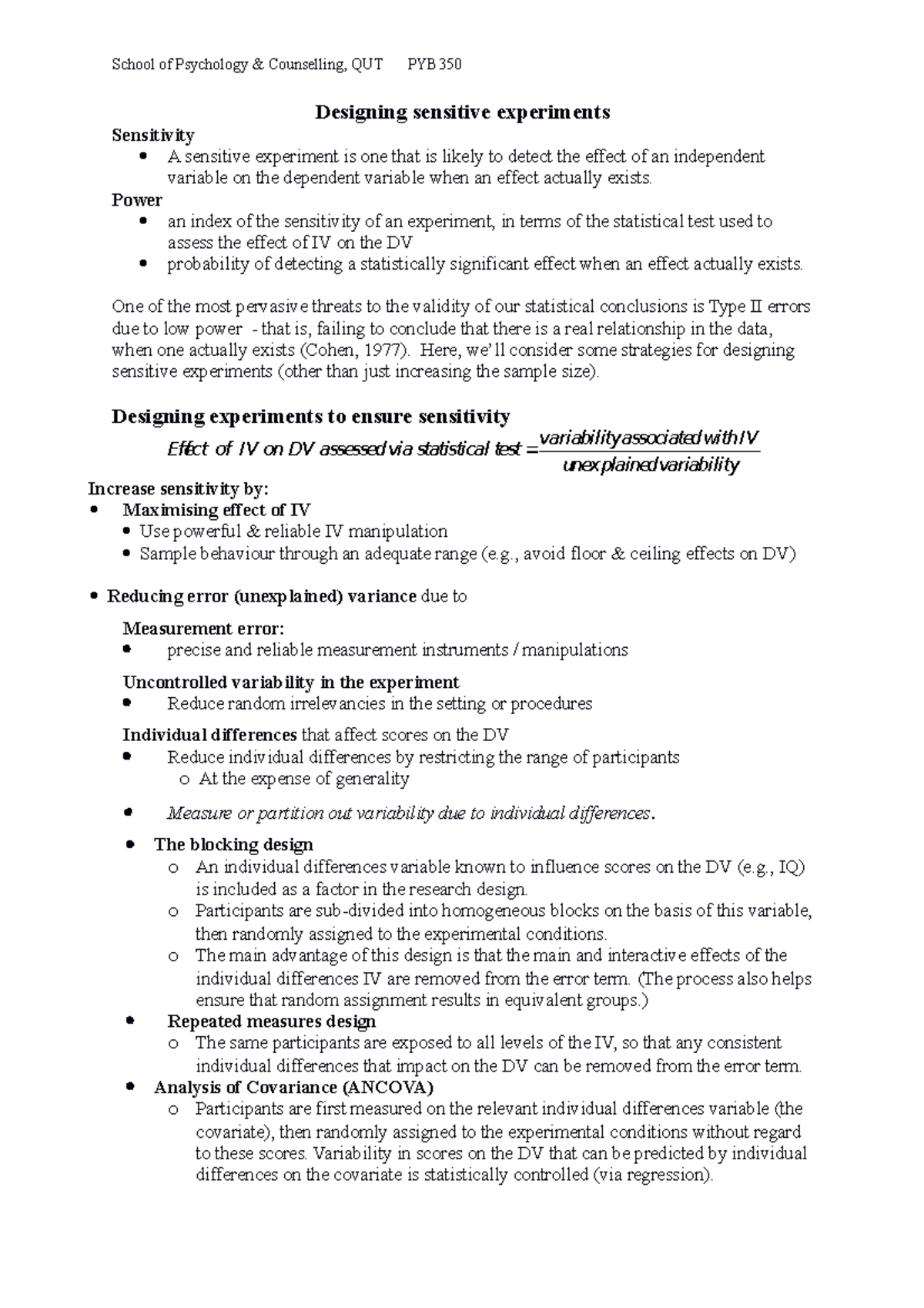 Ancova lecture - Designing sensitive experiments Sensitivity A ...