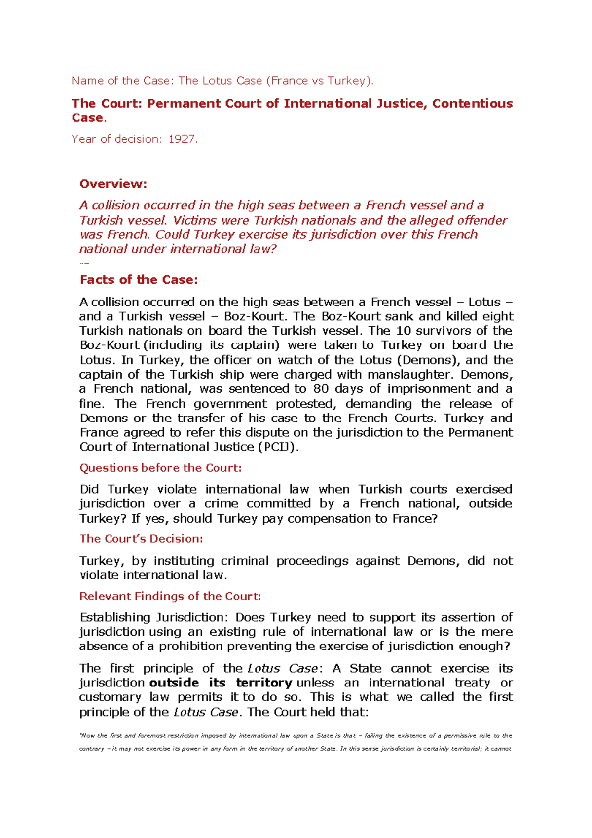 The Lotus Case(France v Turkey) - The Court: Permanent Court of ...