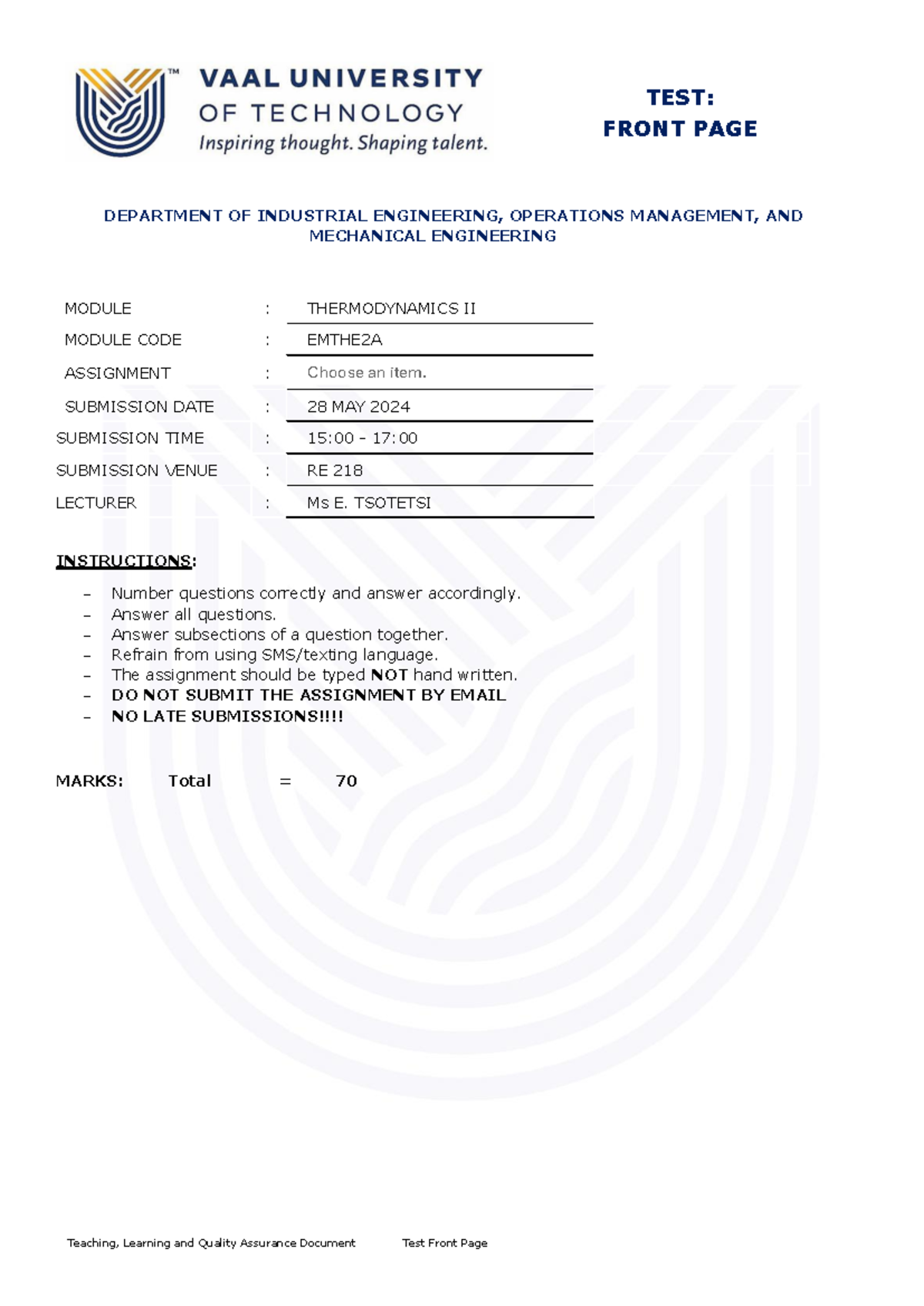 Assignment 1 2024 - TEST: FRONT PAGE Teaching, Learning and Quality ...