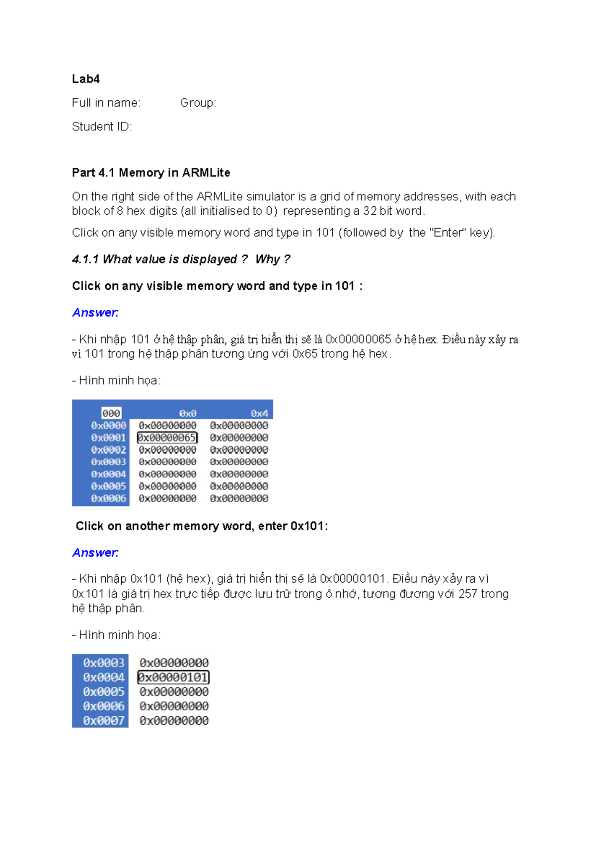 Tài liệu không có tiêu đề - Lab Full in name: Group: Student ID: Part 4 Memory in ARMLite On the ...