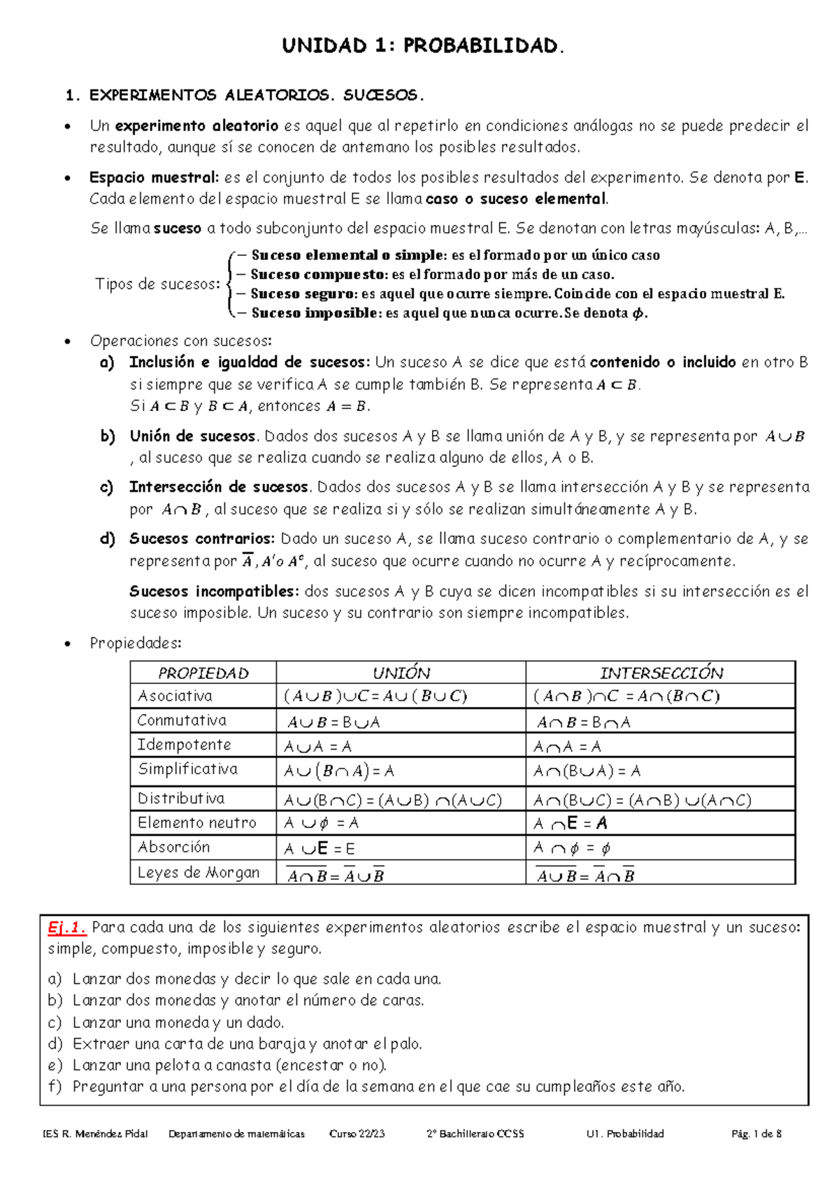 U1rrrrrrrrrrrrrrrr - UNIDAD 1 : PROBABILIDAD. 1. EXPERIMENTOS ...