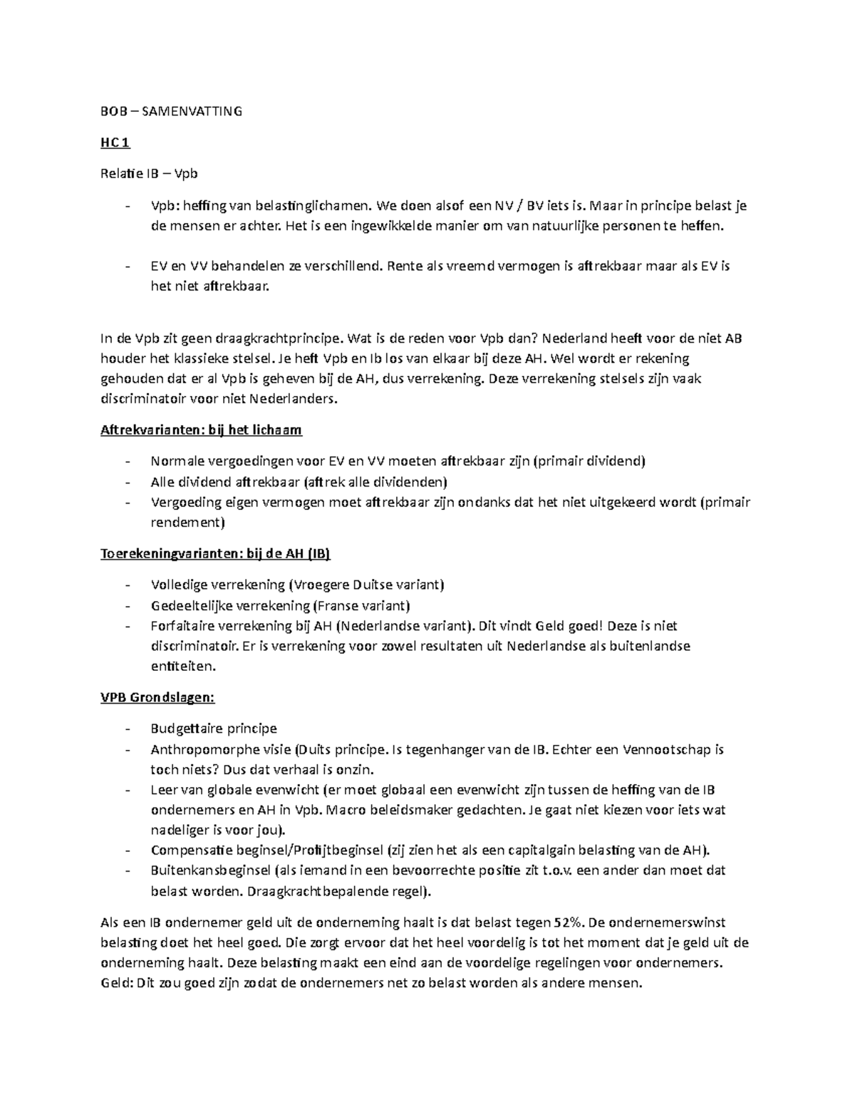 Totaaloverzicht BOB - BOB – SAMENVATTING HC 1 Relatie IB – Vpb Vpb: heffing van ...