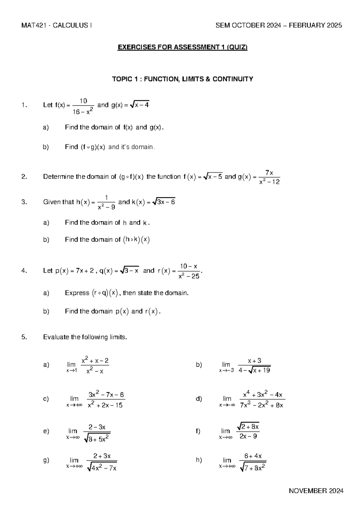 Exercises for Assessment 1 (Quiz) - November 2024 - Q - MAT 421 - CALCULUS I SEM OCTOBER 2024 ...