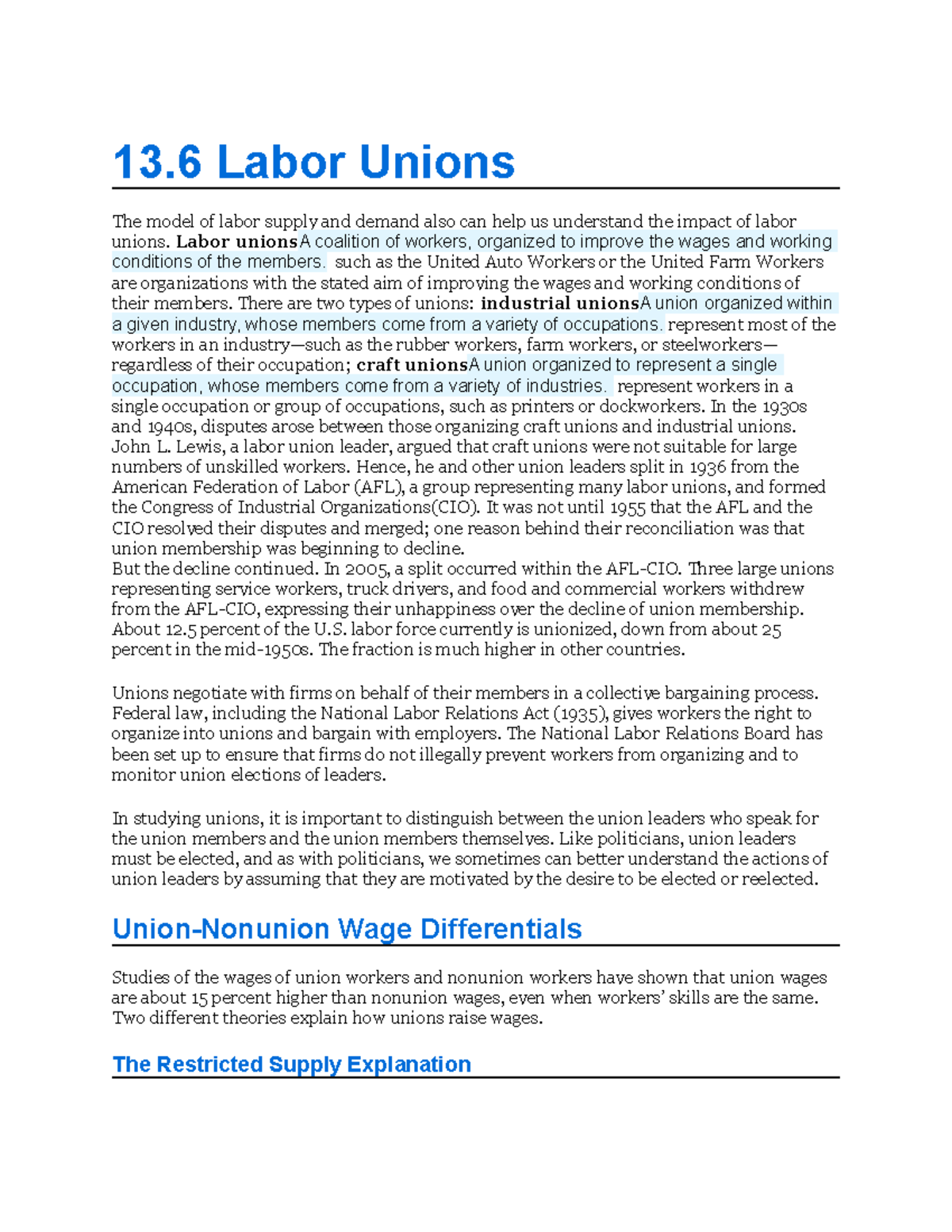 13.6 Labor Unions - 13 Labor Unions The model of labor supply and ...