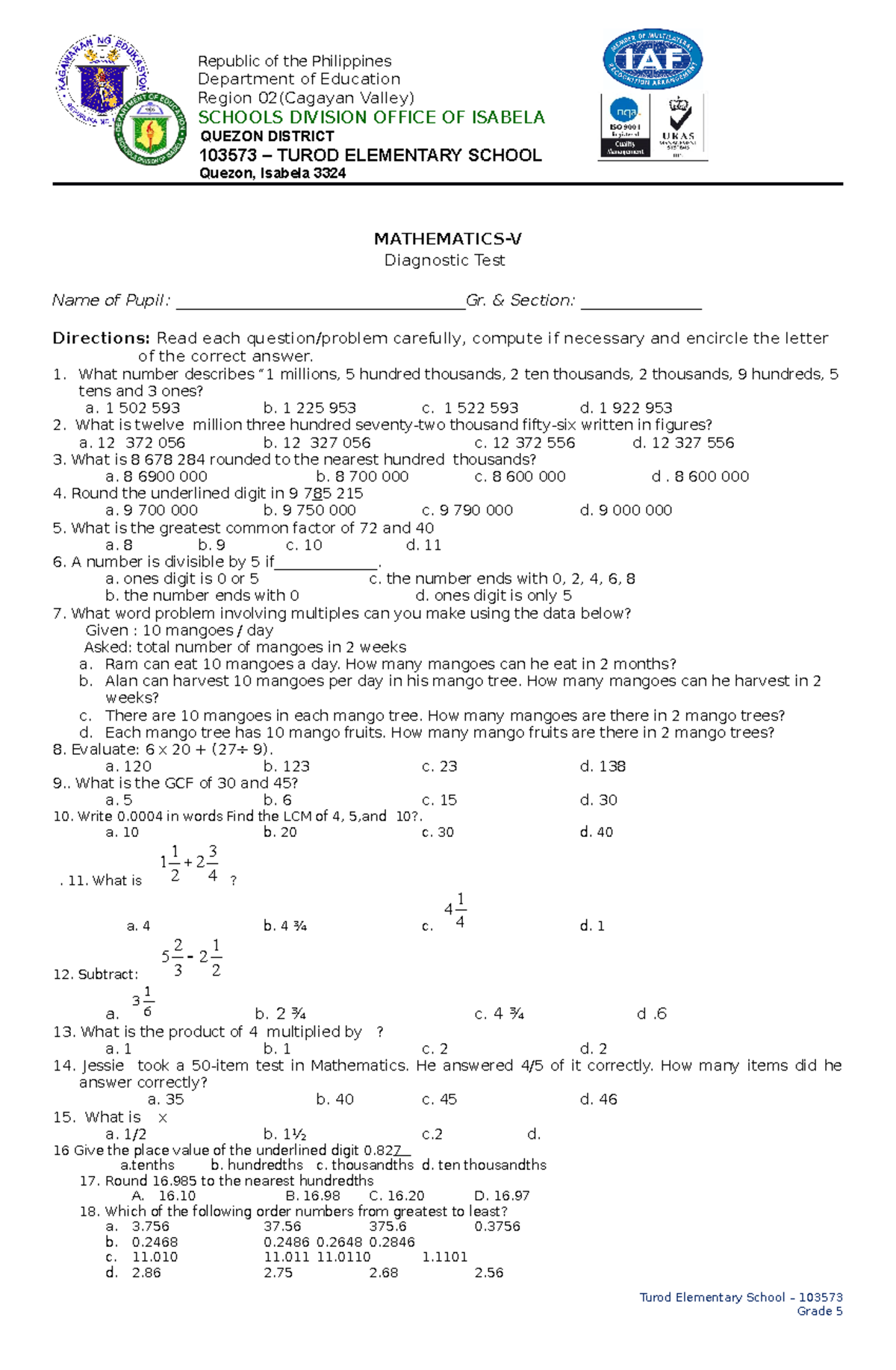 Diagnostic Test All Subjects - Republic of the Philippines Department ...