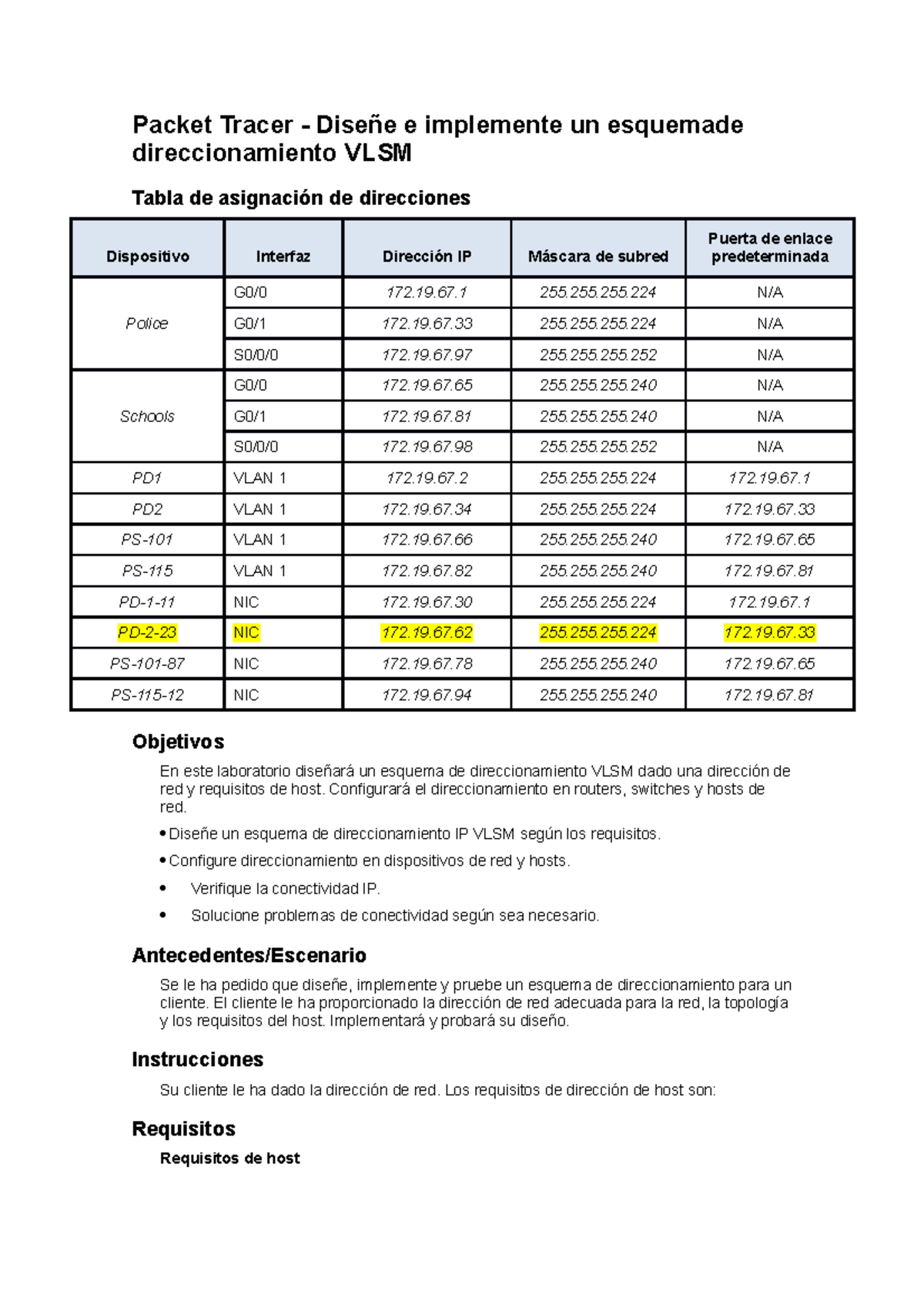 5 Packet Tracer - Diseño e implementación de un esquema de direccionamiento de VLSM - Packet ...