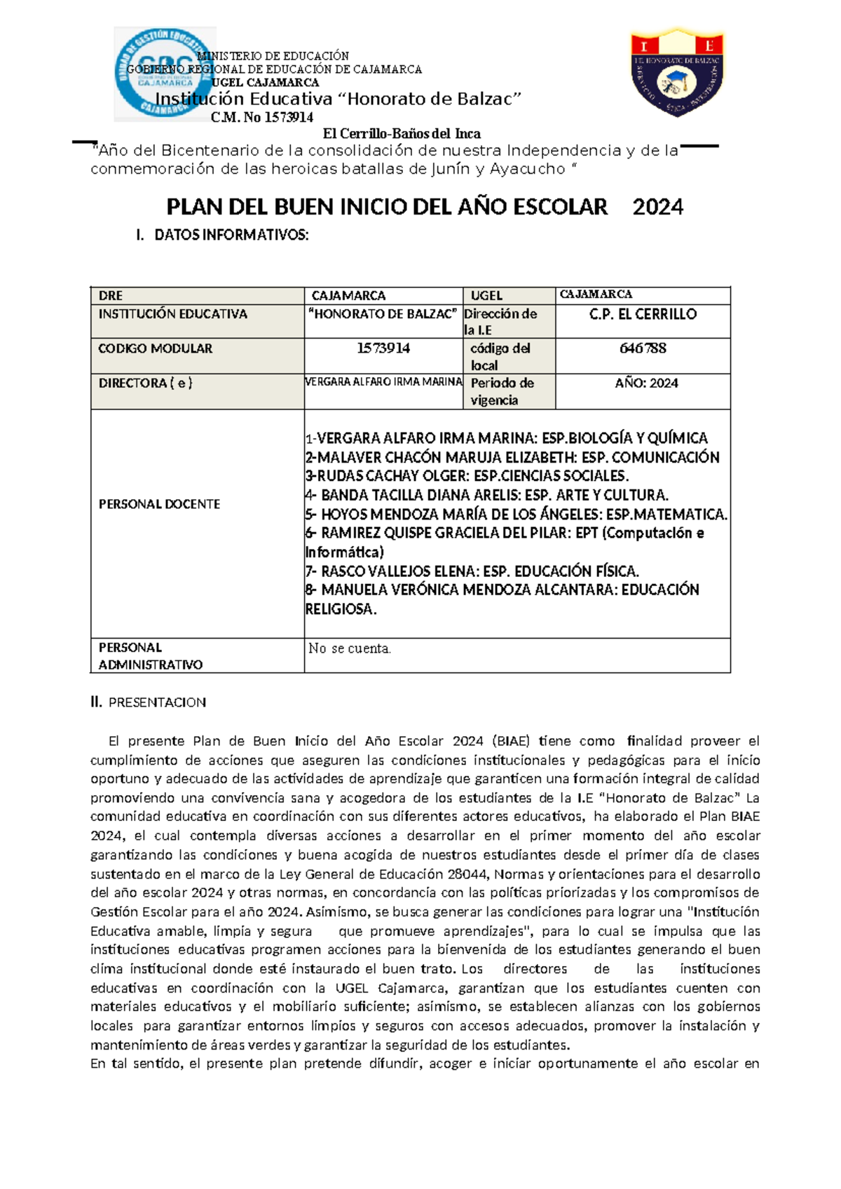 PLAN DEL BUEN Inicio DEL AÑO Escolar 2024 - GOBIERNO REGIONAL DE ...