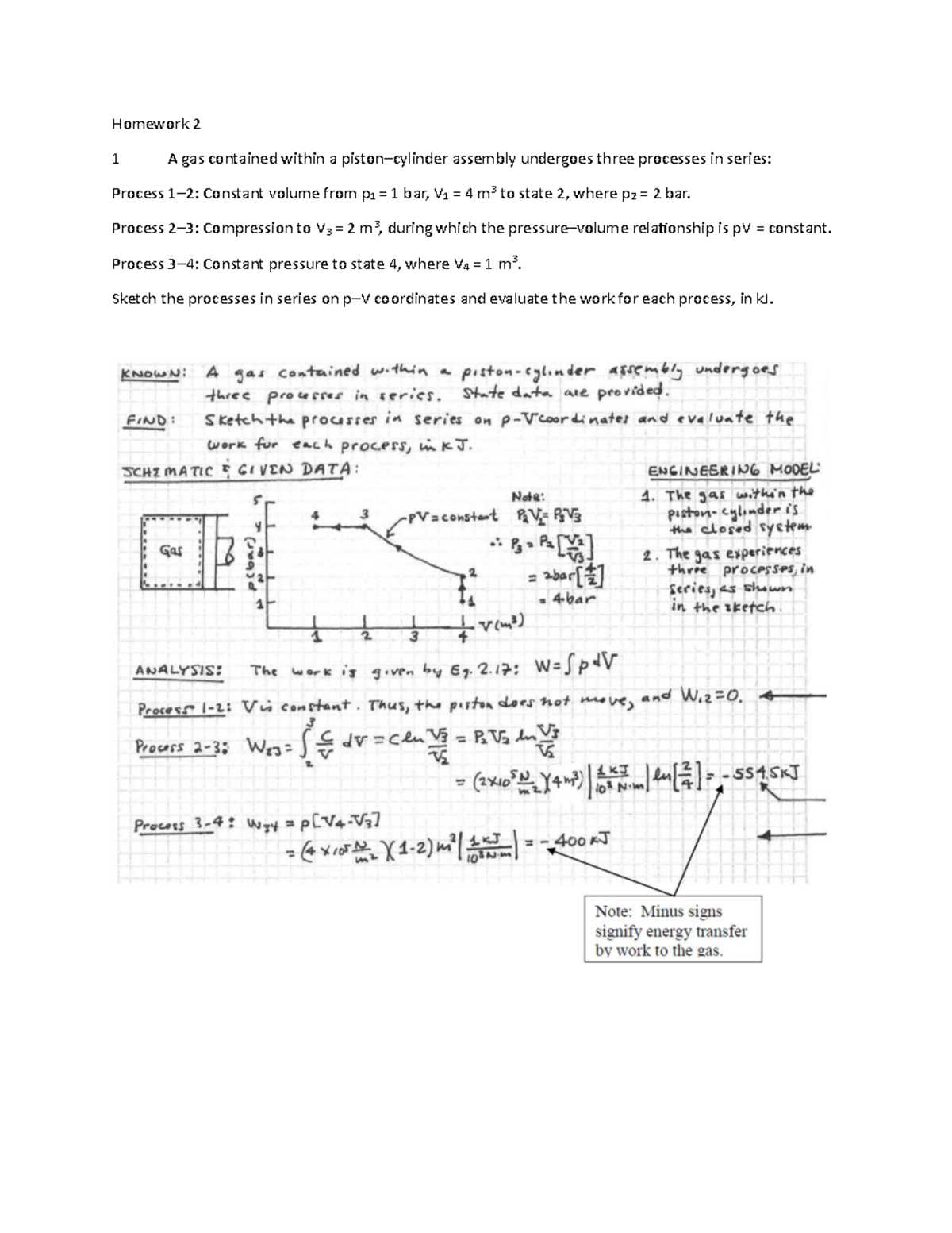 HW2-sol - Hw 2 - Homework 2 1 A gas contained within a piston–cylinder assembly undergoes three ...