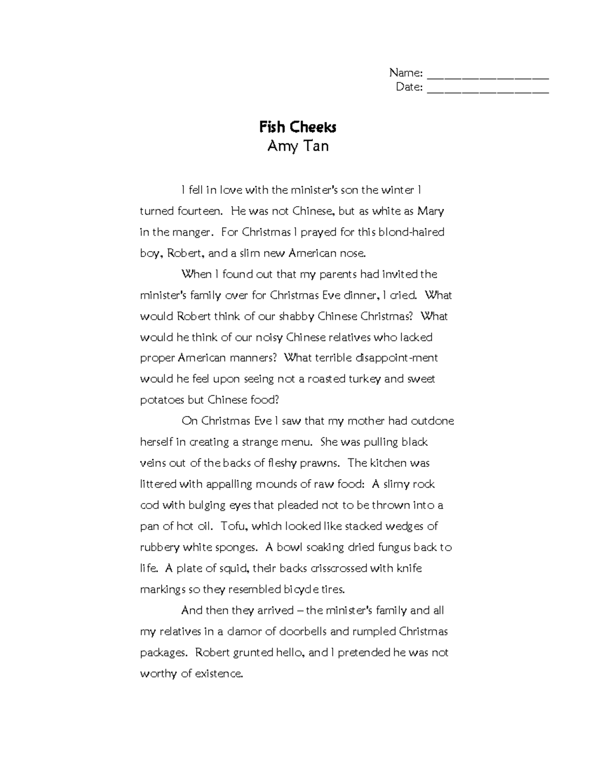 Short Story - Fish Cheeks - Fish Cheeks Amy Tan I fell in love with the ...