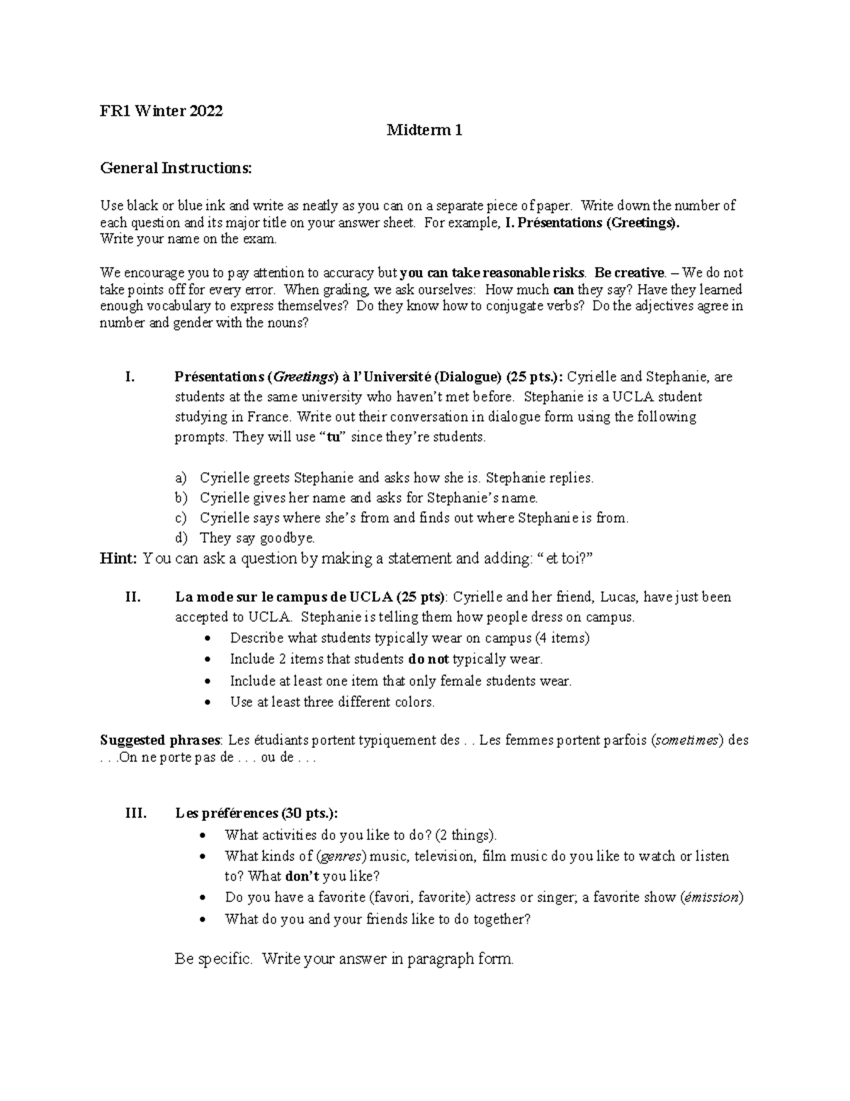 FR1 Exam 1 Winter 2022 - French 1 Exam 1 - FR1 Winter 2022 Midterm 1 ...