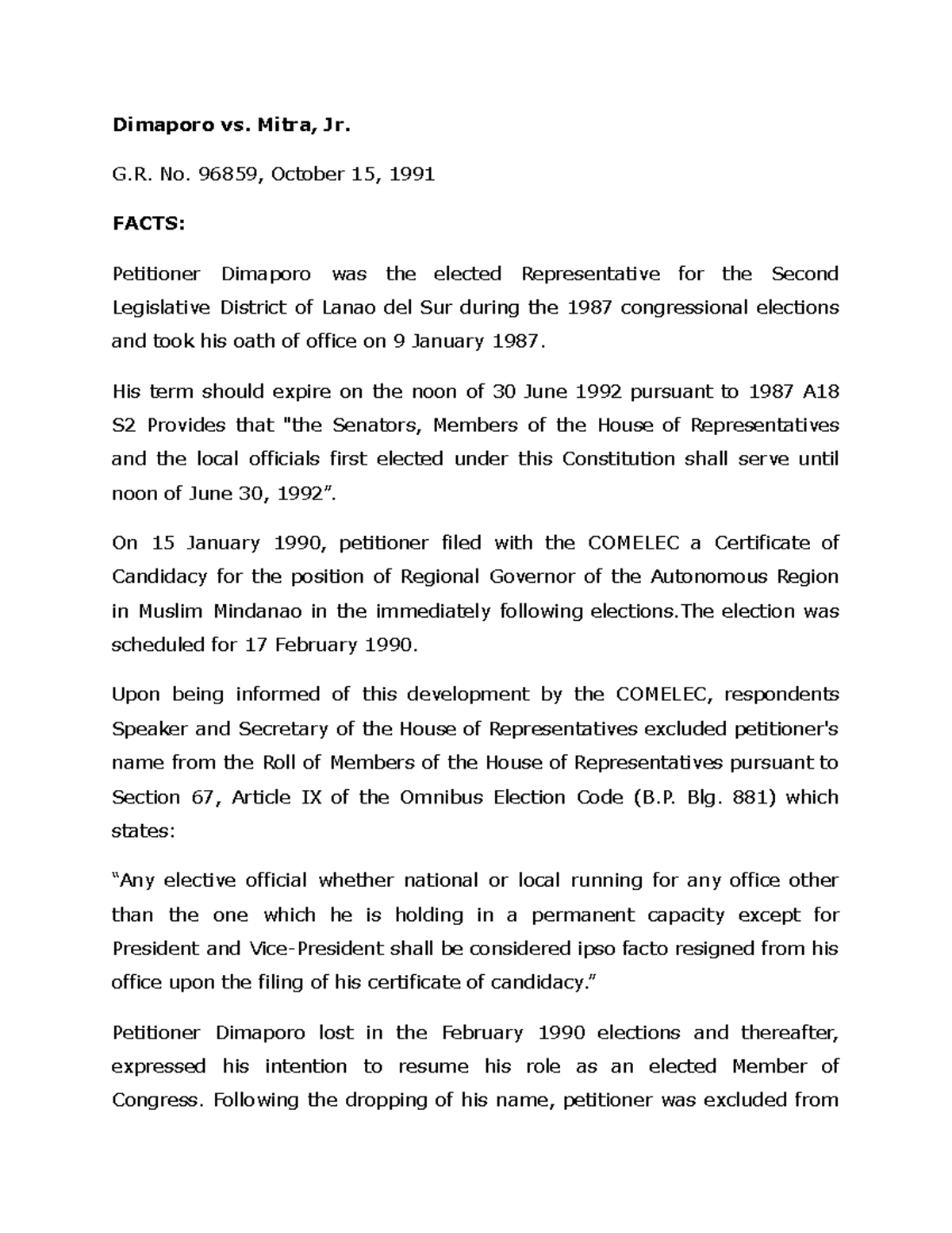 Dimaporo vs. Mitra, Jr. G.R. No. 96859 (case digest) - Dimaporo vs ...