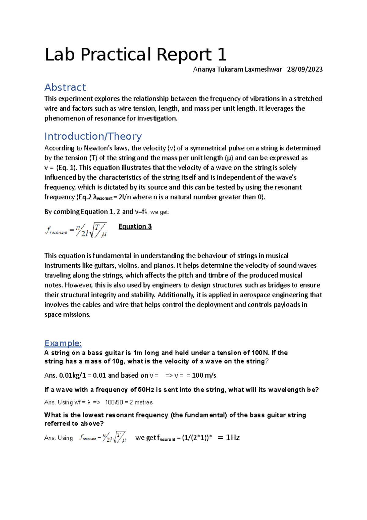 Lab 1 - lab report - Lab Practical Report 1 Ananya Tukaram Laxmeshwar ...