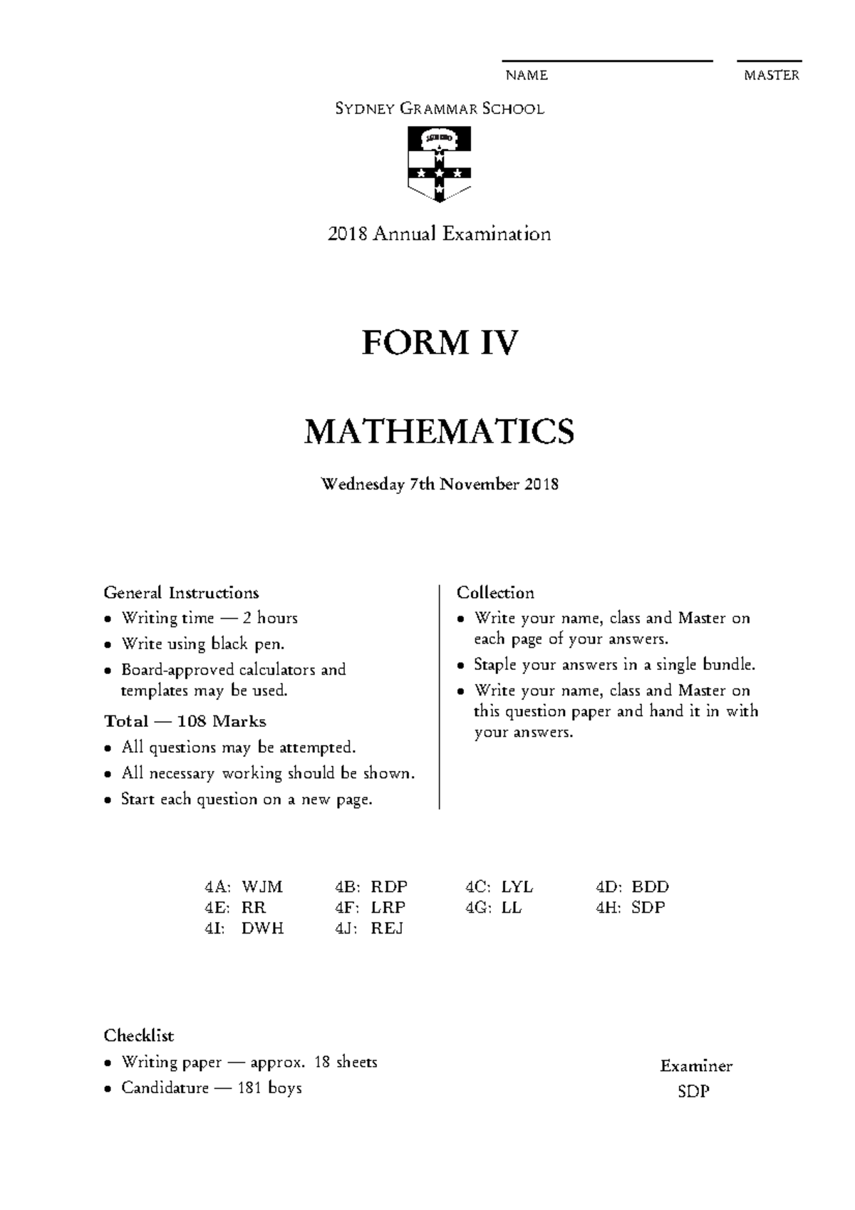 Form IV Annual 2018 - Practice exam papers - NAME MASTER S YDNEY G ...