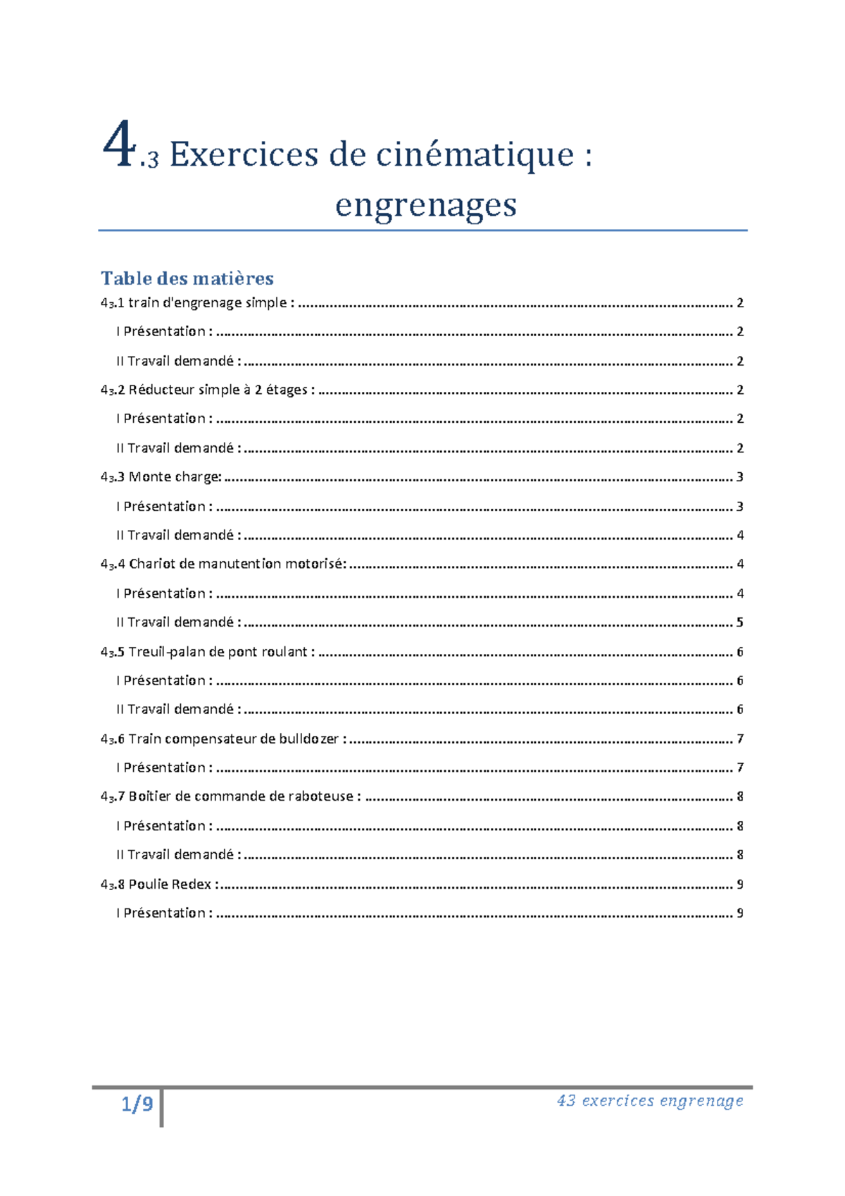 43-exercices-engrenage - 4. 3 Exercices de cinématique : engrenages 43 ...