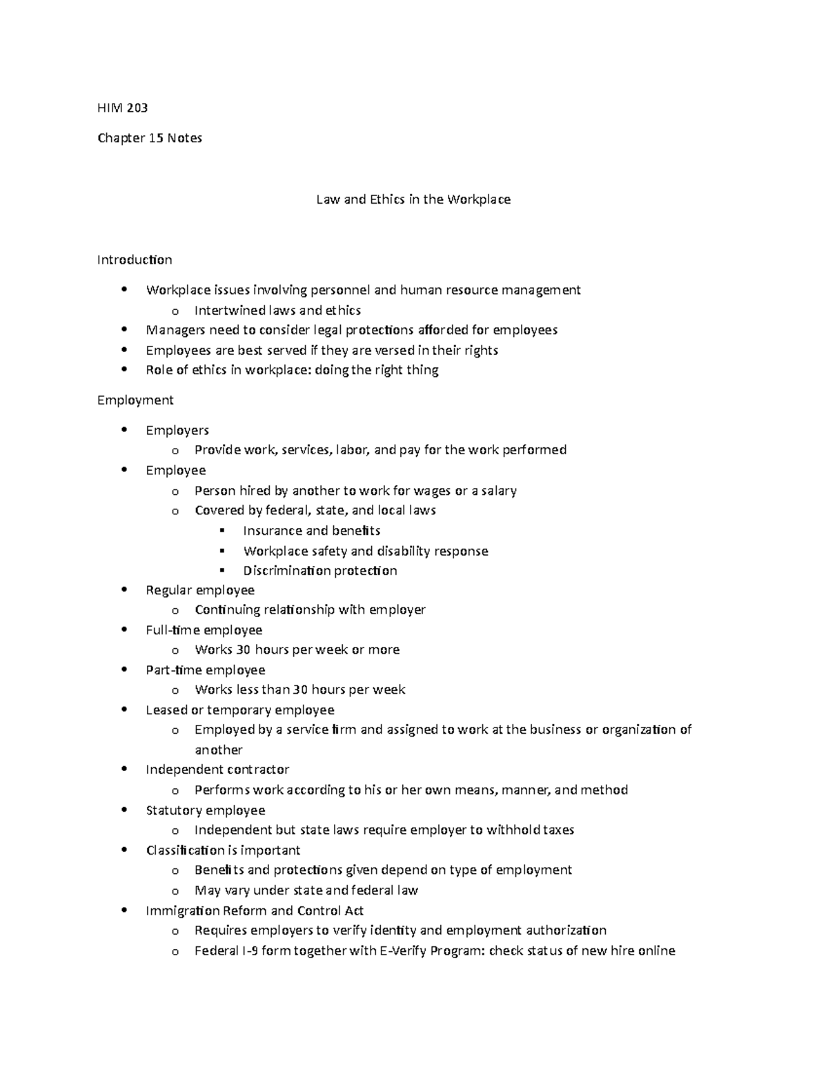 HIM 203 - Chap 15 Notes - HIM 203 Chapter 15 Notes Law and Ethics in ...