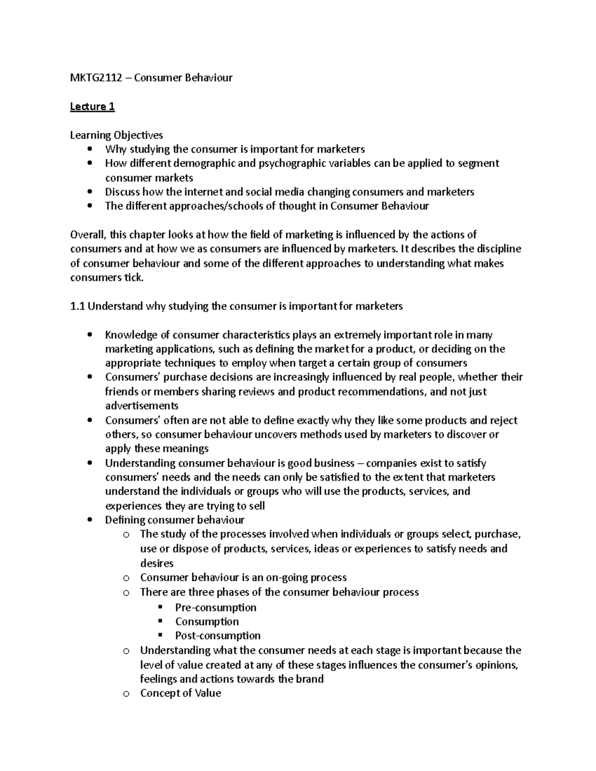 MKTG2112 lecture 1 - MKTG2112 – Consumer Behaviour Lecture 1 Learning Objectives Why studying ...