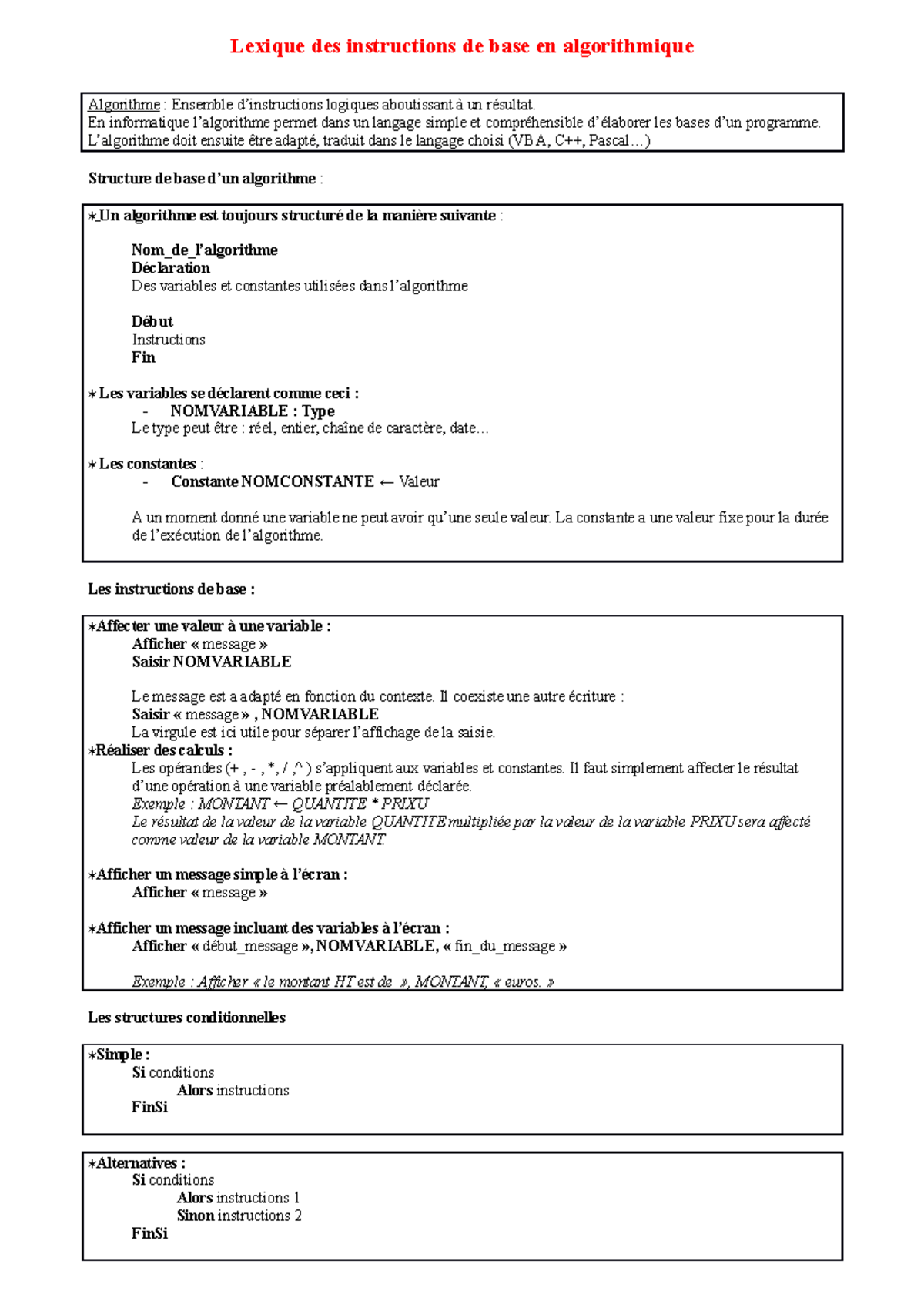 Lexique algorithmique - Lexique des instructions de base en ...