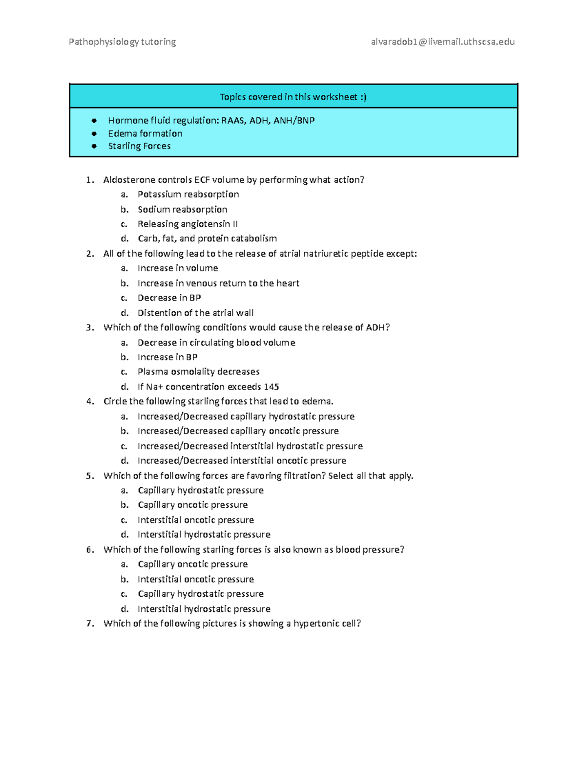 Fluid & Electrolytes Worksheet-Student Copy - Pathophysiology tutoring ...