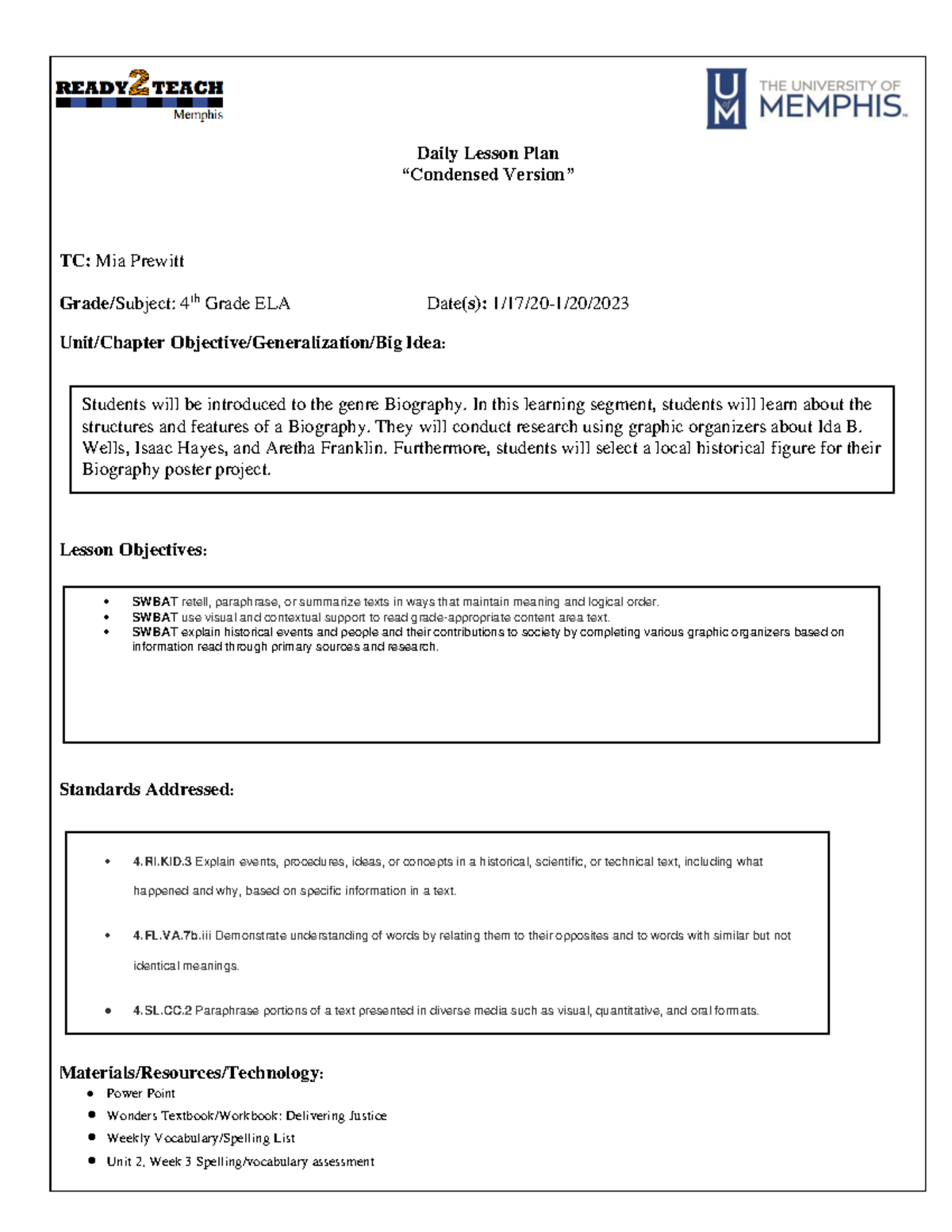 Unit 3, Week 3 Lesson Plan - Daily Lesson Plan “Condensed Version” TC ...