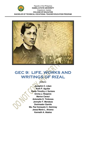 Chapter- 5 6 - This is a module on GEC 9 - Life and Works of Rizal - CHAPTER 5 JOSE RIZAL’S LIFE ...