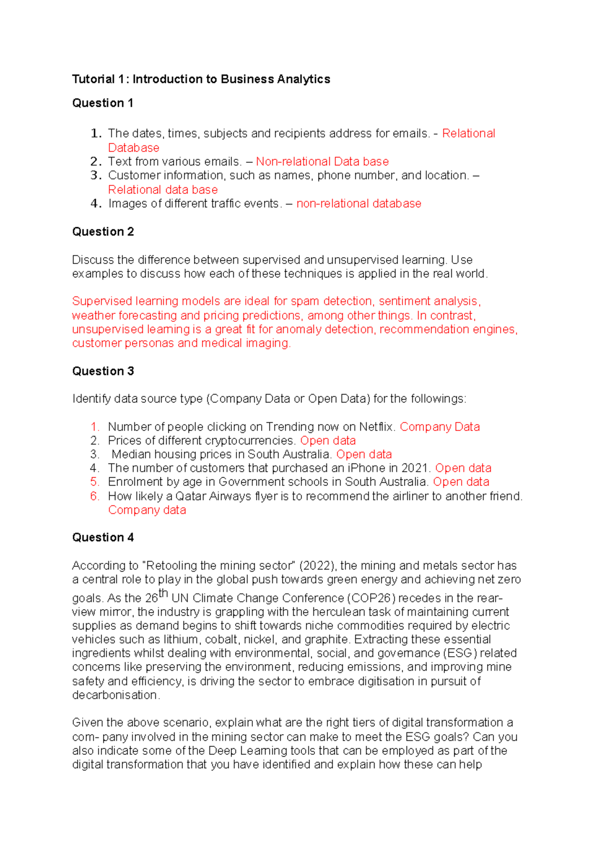 Tutorial 1 - tut notes - Tutorial 1: Introduction to Business Analytics ...