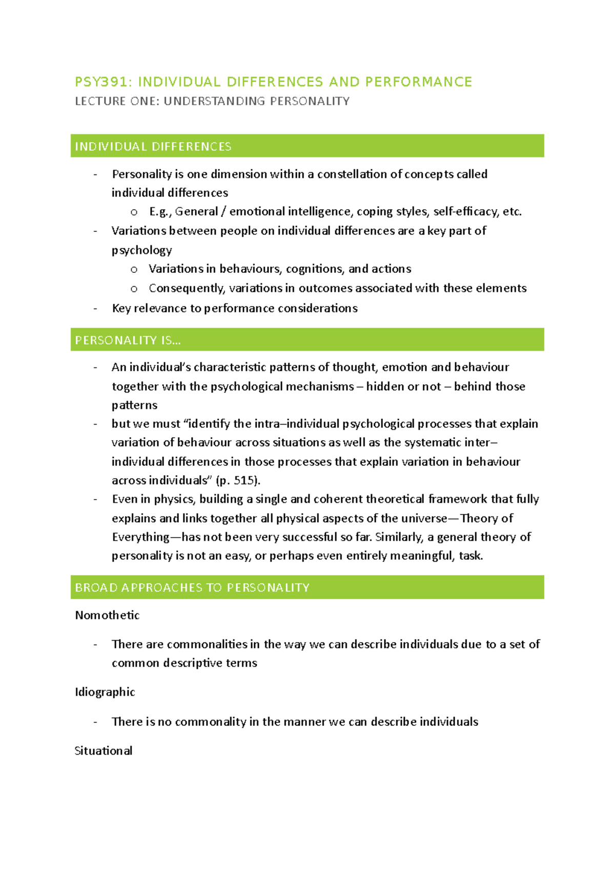 Psy391 lecture one - PSY391: INDIVIDUAL DIFFERENCES AND PERFORMANCE ...