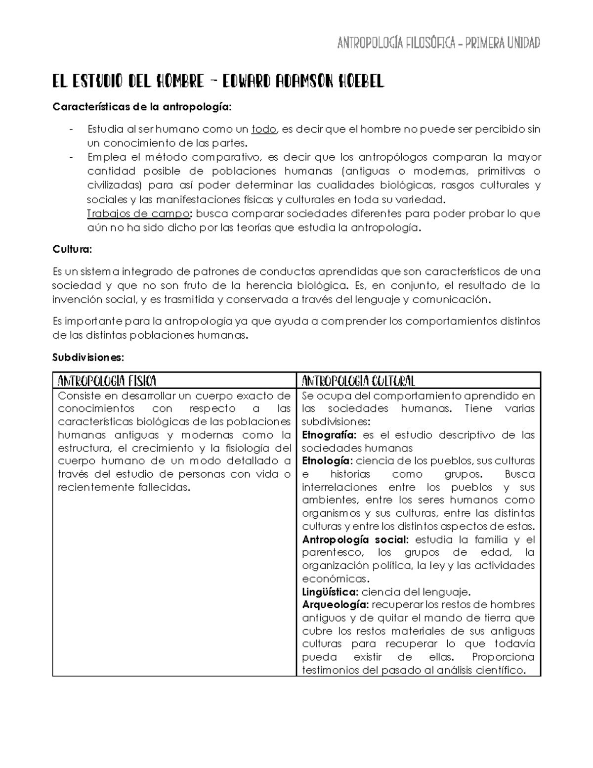 Resumen - EL ESTUDIO DEL HOMBRE - EDWARD ADAMSON HOEBEL CaracterÌsticas ...