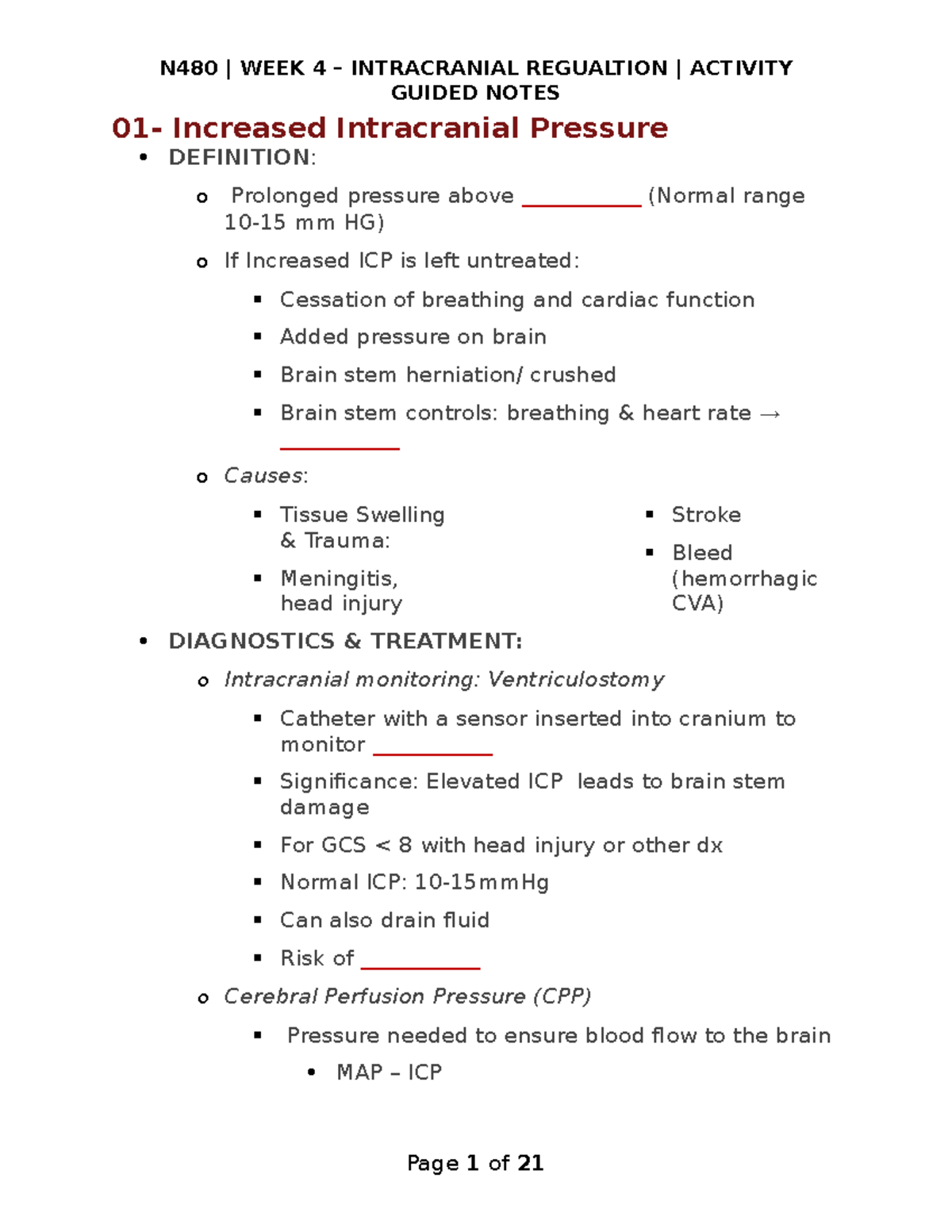 Guided Notes N480 Week 4 Intracranial Regulation - GUIDED NOTES 01 ...