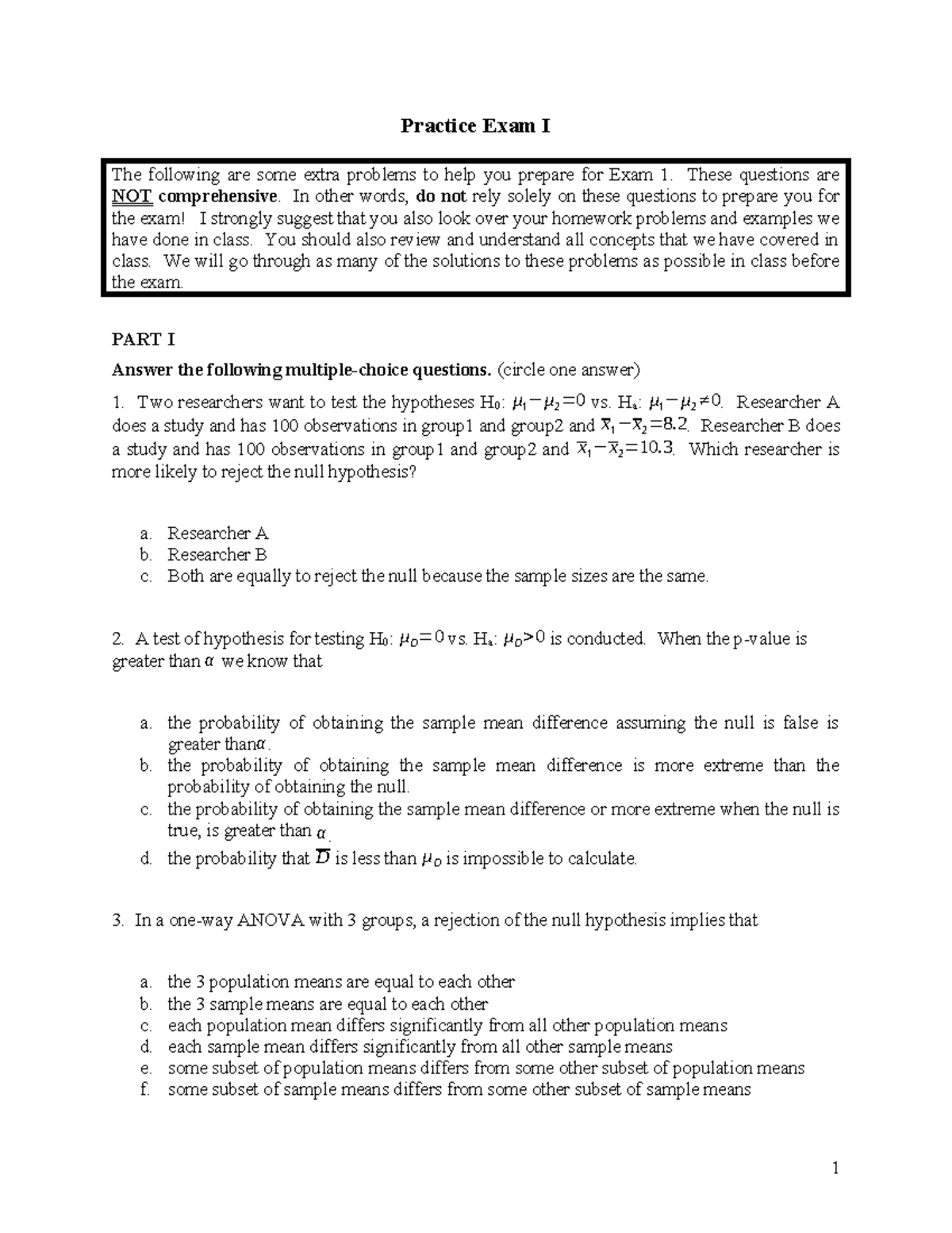Practice Exam I - this is defeibntly smt my dude - Practice Exam I The ...