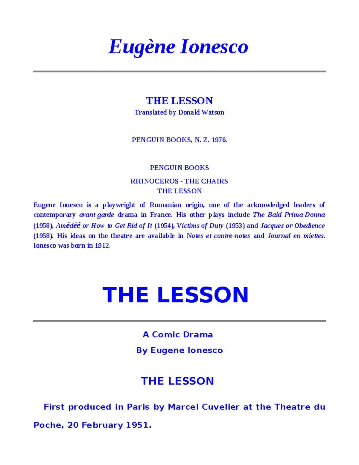 The Lesson Eugene Ionesco in het EN - Eugène Ionesco THE LESSON ...