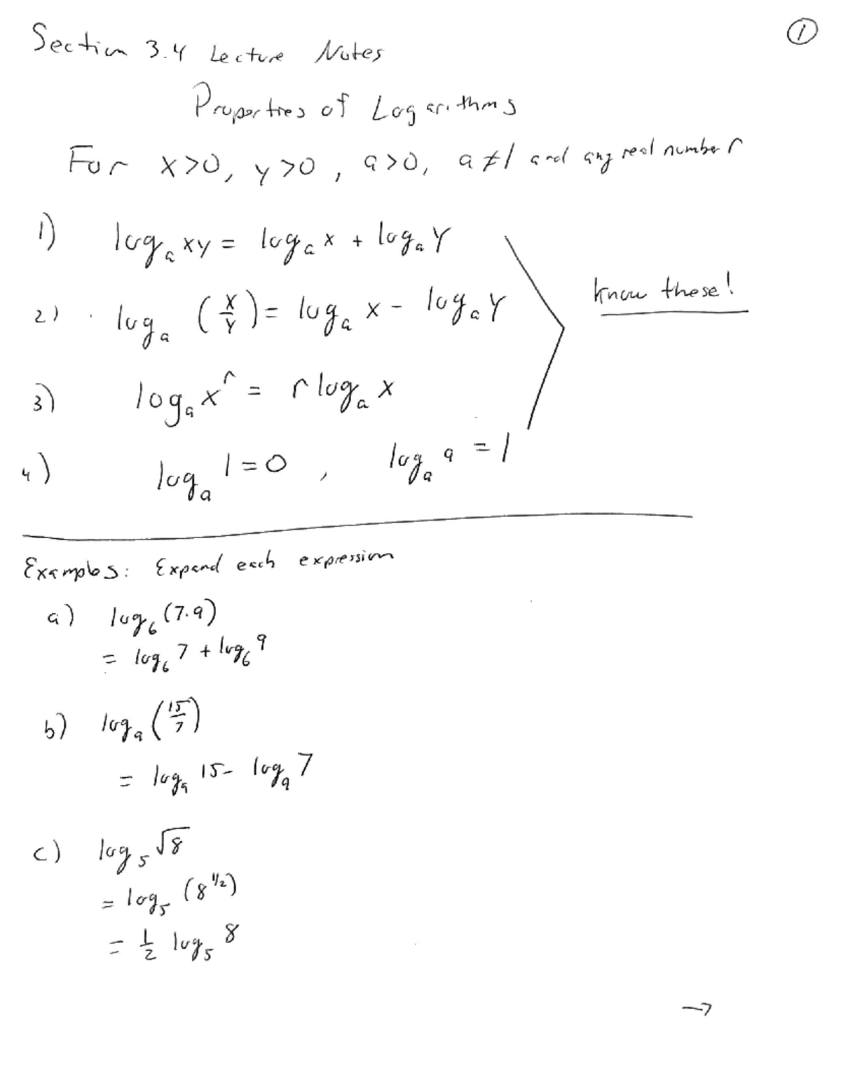 Section 34 Lecture Notes Section 3 Lecture Notes Properties Of Logarithms For Y 70 A L L