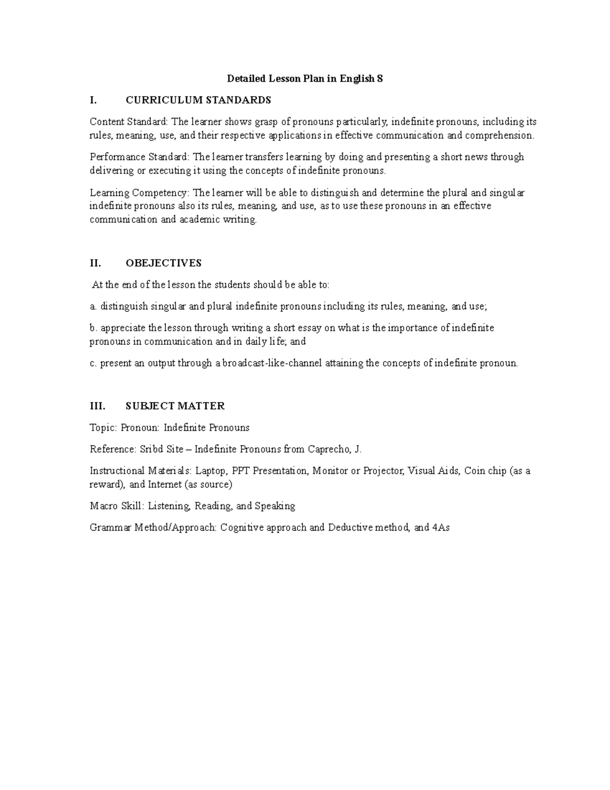 DLP Infinitive Pronoun-Galicia - Detailed Lesson Plan in English 8 I ...