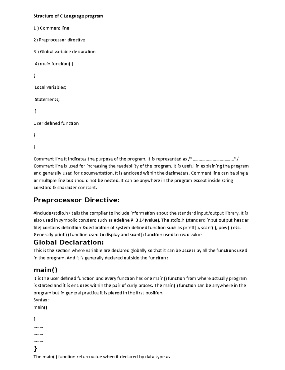 C Programming Notes Structure Of C Language Program 1 Comment Line