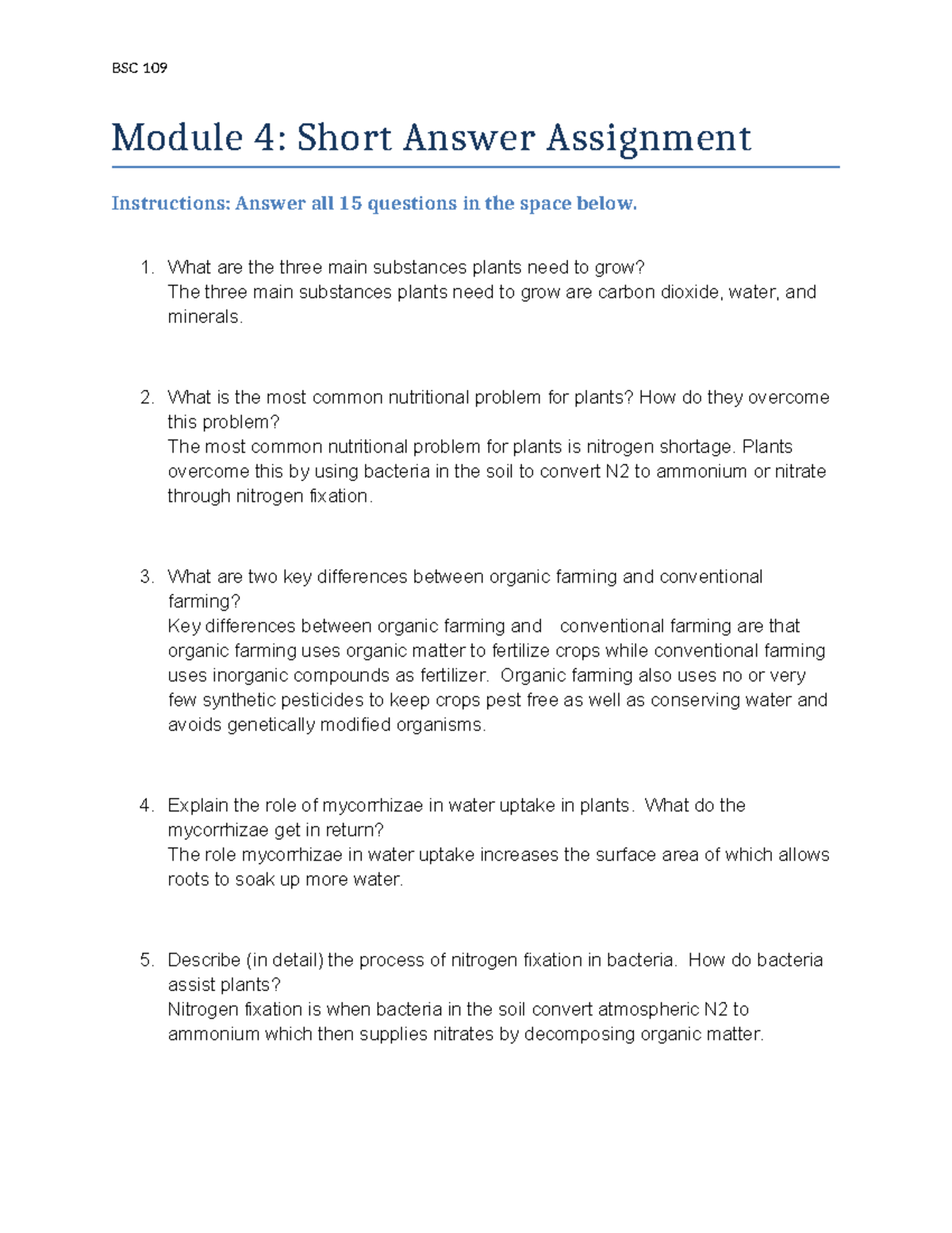 Module 4 Short Answer - BSC 109 Module 4: Short Answer Assignment Instructions: Answer all 15 ...