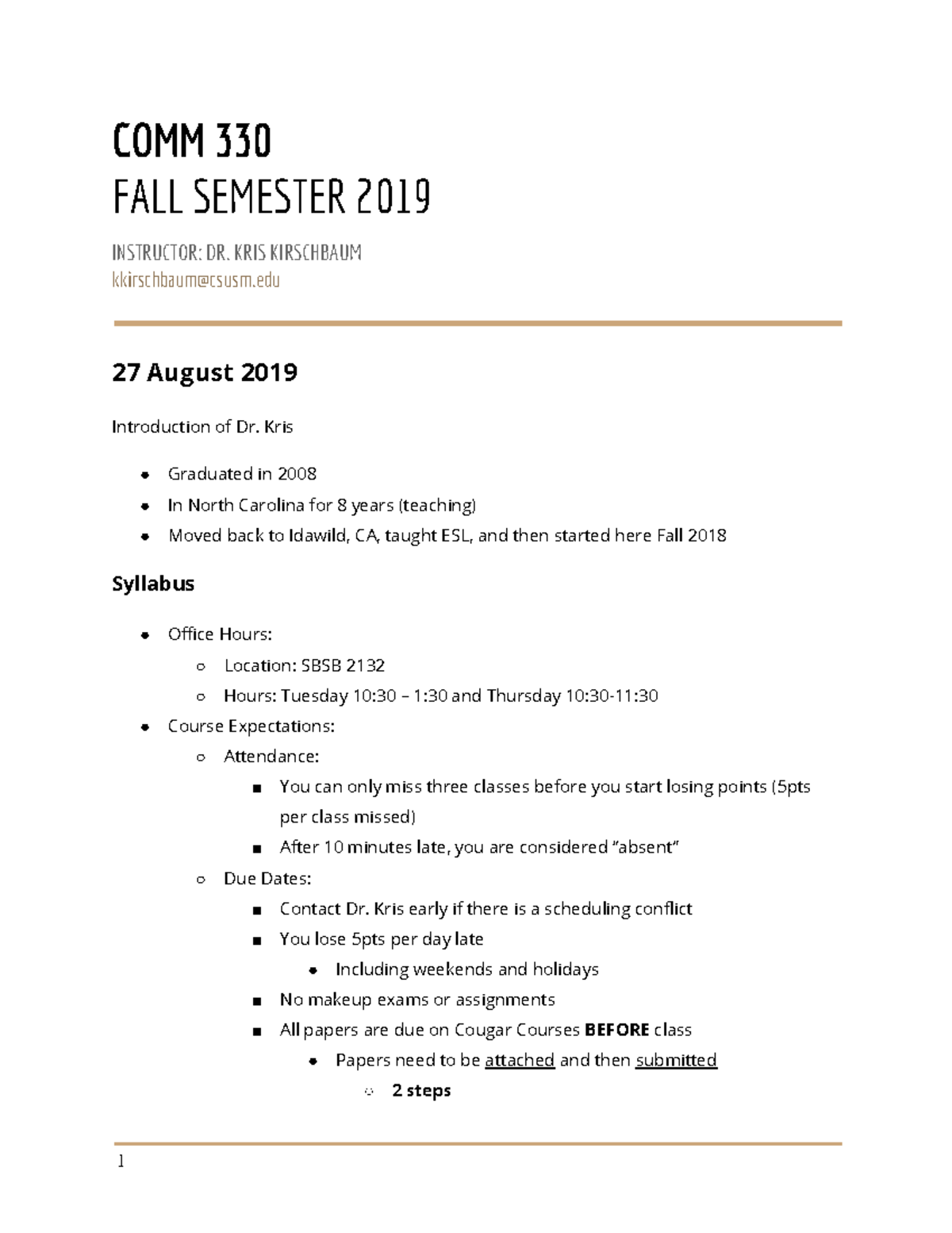 Class Notes - Comm 330 - COMM 330 FALL SEMESTER 2019 INSTRUCTOR: DR ...