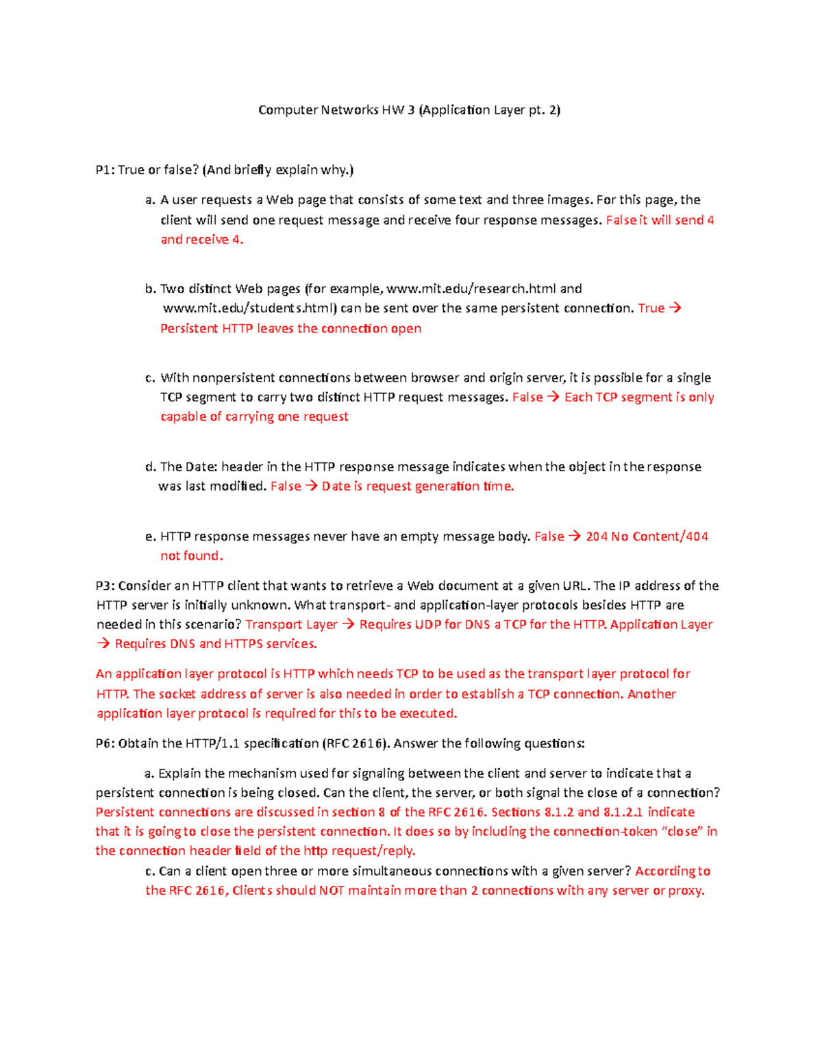 Computer Networks HW 3 copy - Computer Networks HW 3 (Application Layer pt. 2) P1: True or false ...