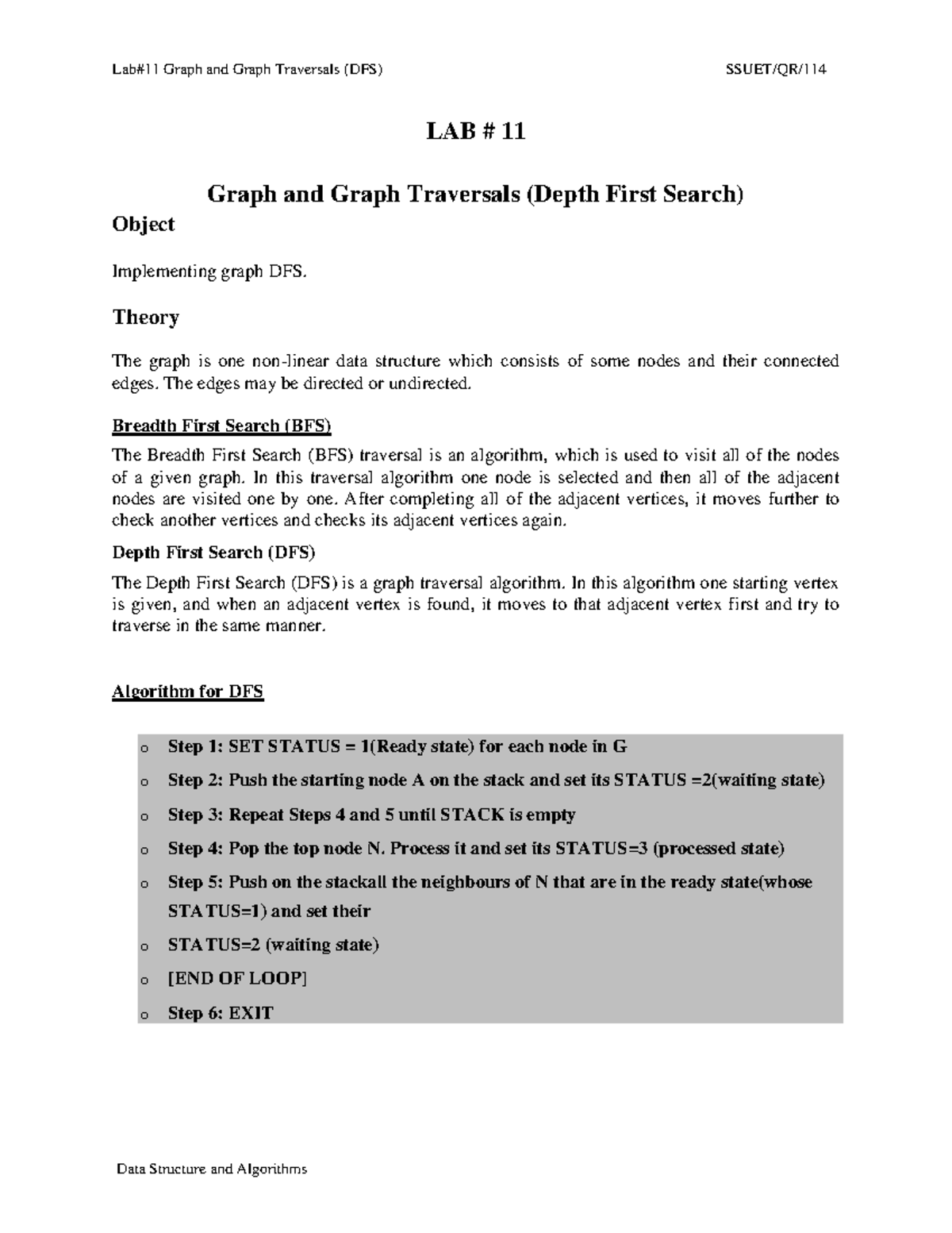Lab 11 1 Data Structures And Algorithms Lab11 Graph And Graph Traversals Dfs Ssuetqr