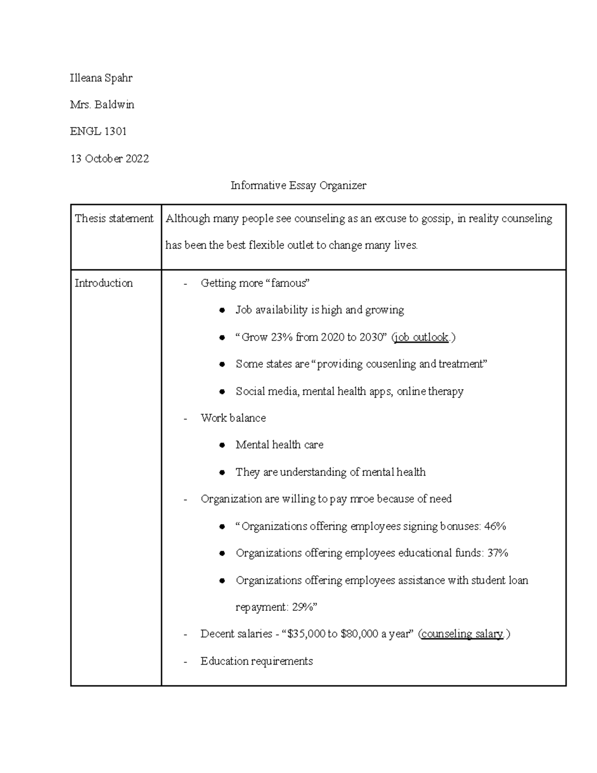Informative Essay Organizer - Illeana Spahr Mrs. Baldwin ENGL 1301 13 ...
