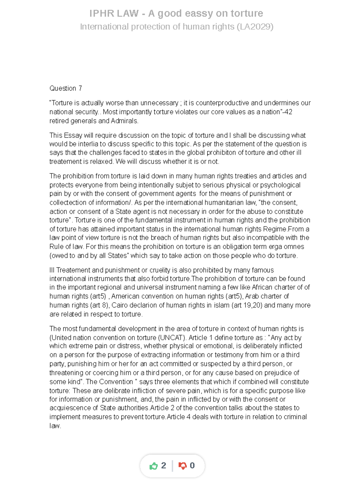 Dlstudocu - IPHR LAW - A good eassy on torture International protection ...