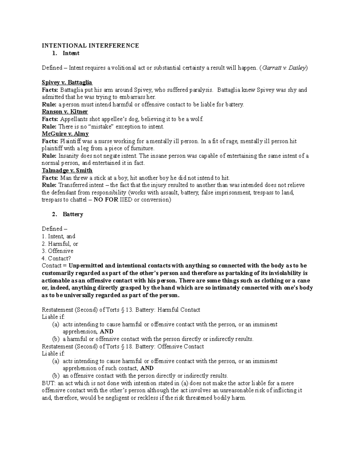 Intentional Torts Outline - INTENTIONAL INTERFERENCE 1. Intent Defined ...
