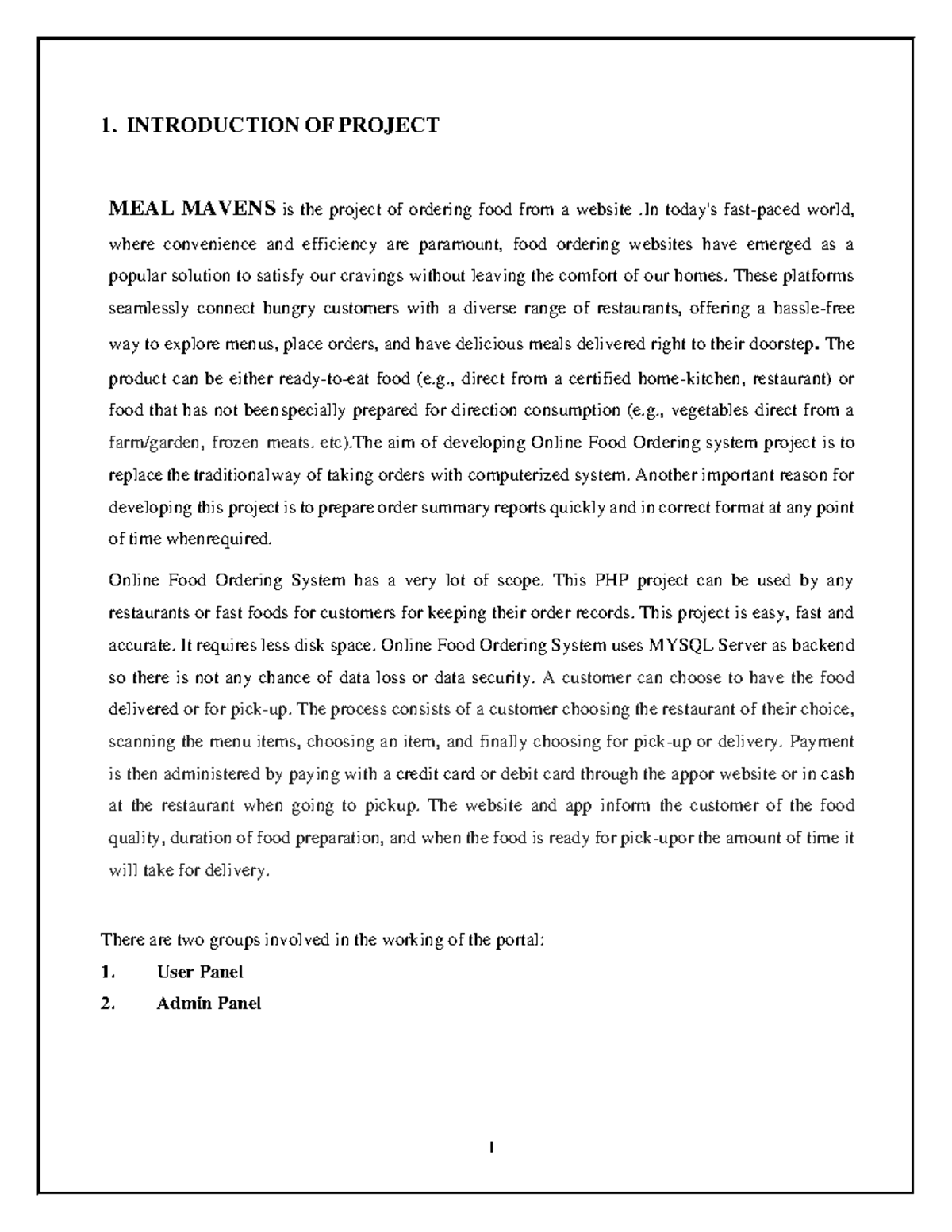 Restaurant management Project Report - 1. INTRODUCTION OF PROJECT MEAL ...