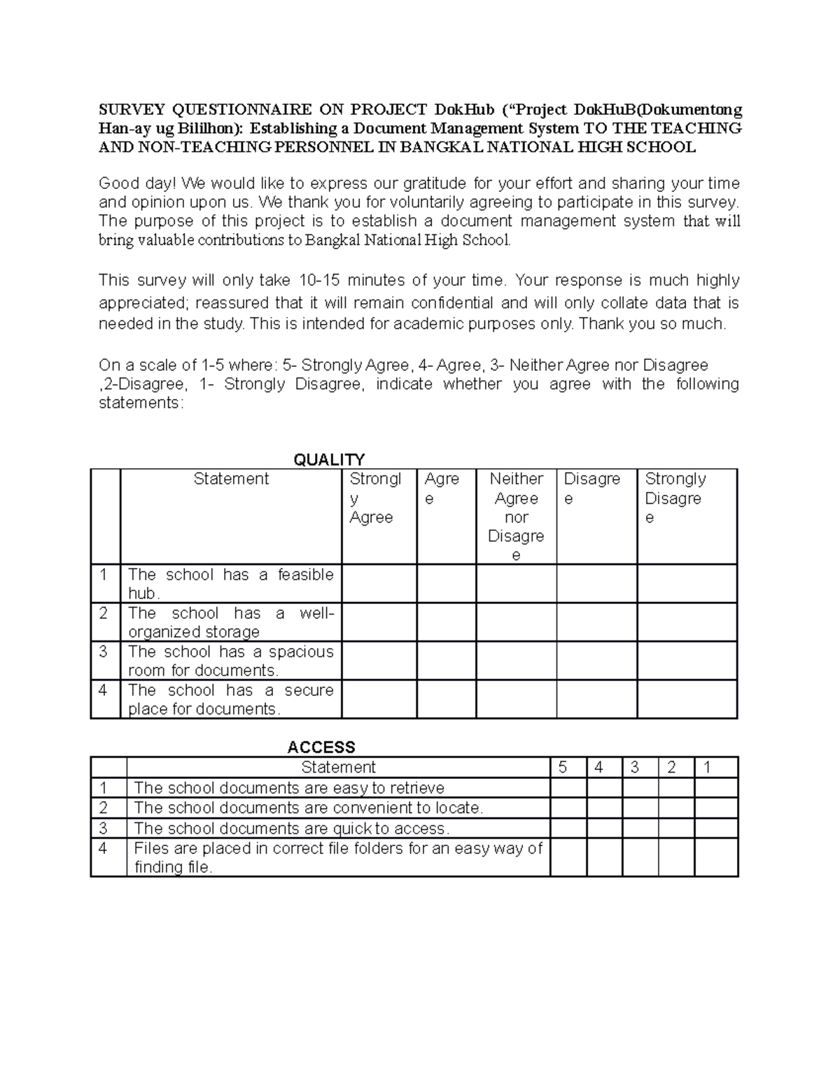 Survey Questionnaires-Bangkal NHS - Discrete Mathematics - BSU - Studocu
