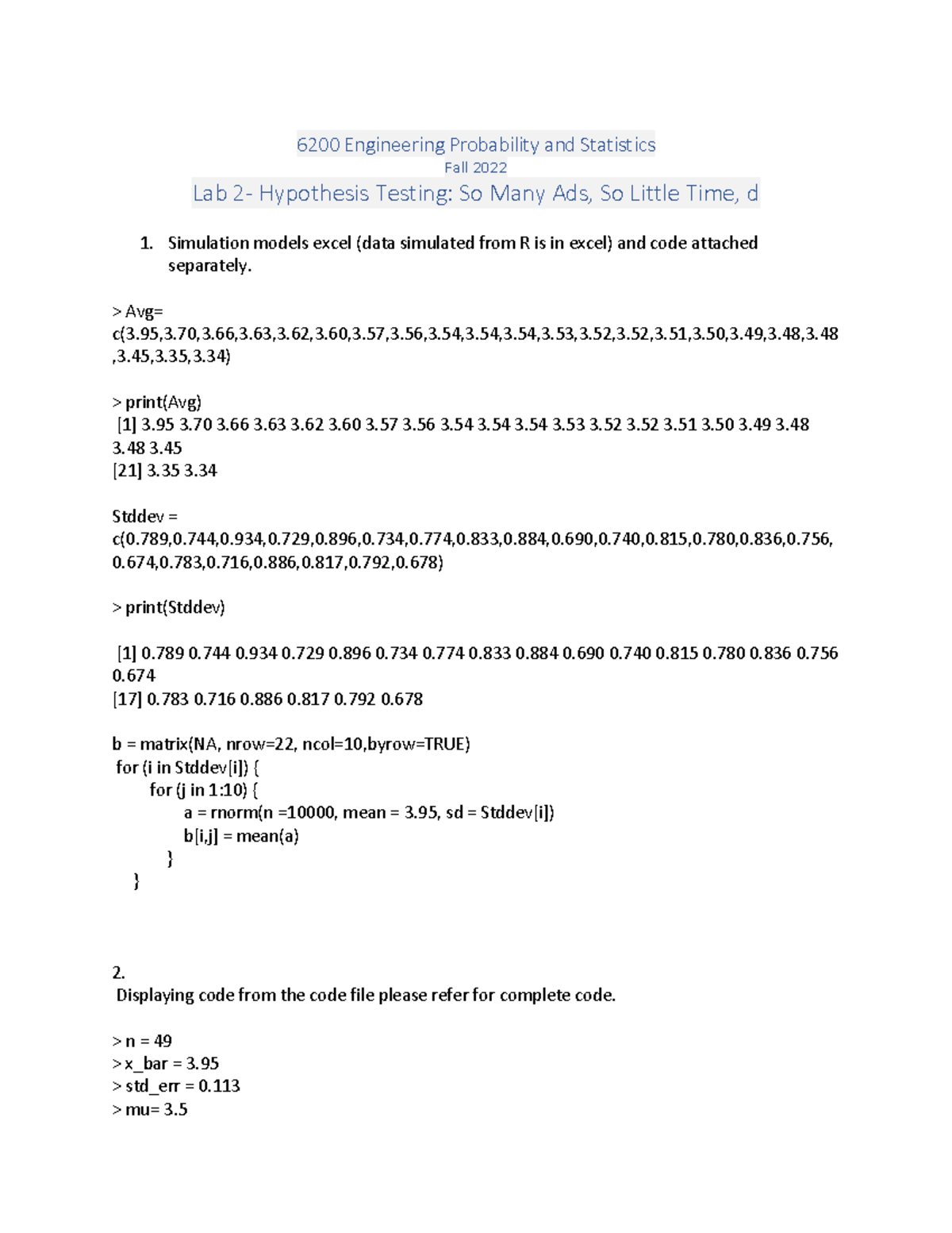 Case 3 Assignment - 6200 Engineering Probability and Statistics Fall 2022 Lab 2- Hypothesis ...