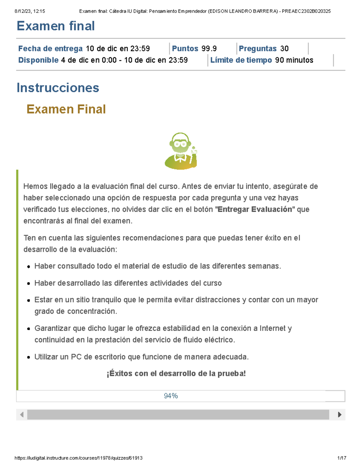 Examen final Cátedra IU Digital Pensamiento Emprendedor ( Edison Leandro Barrera) - Preaec - Studocu