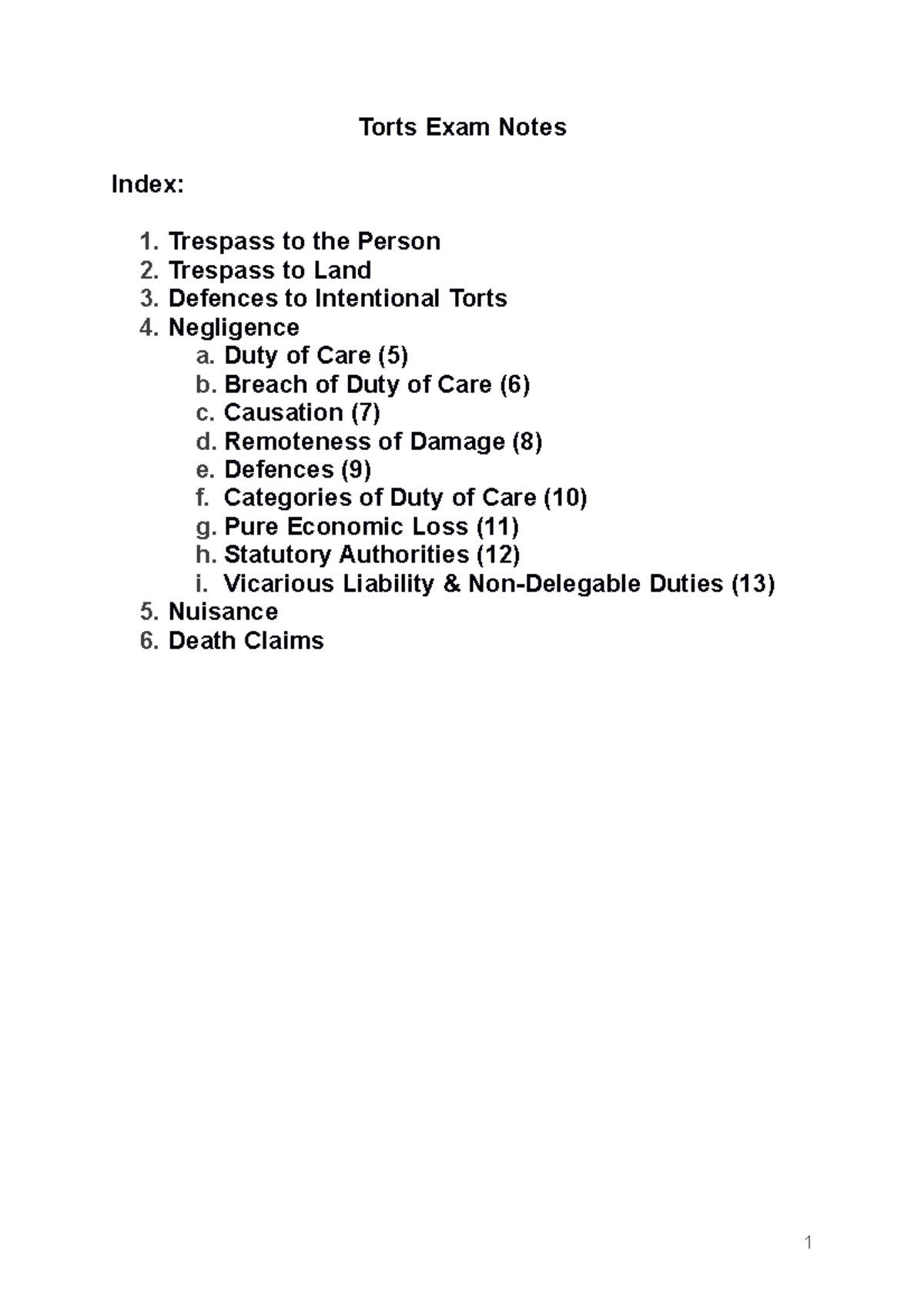 MY Torts Exam Notes - Torts Exam Notes Index: 1 to the Person 2 to Land ...